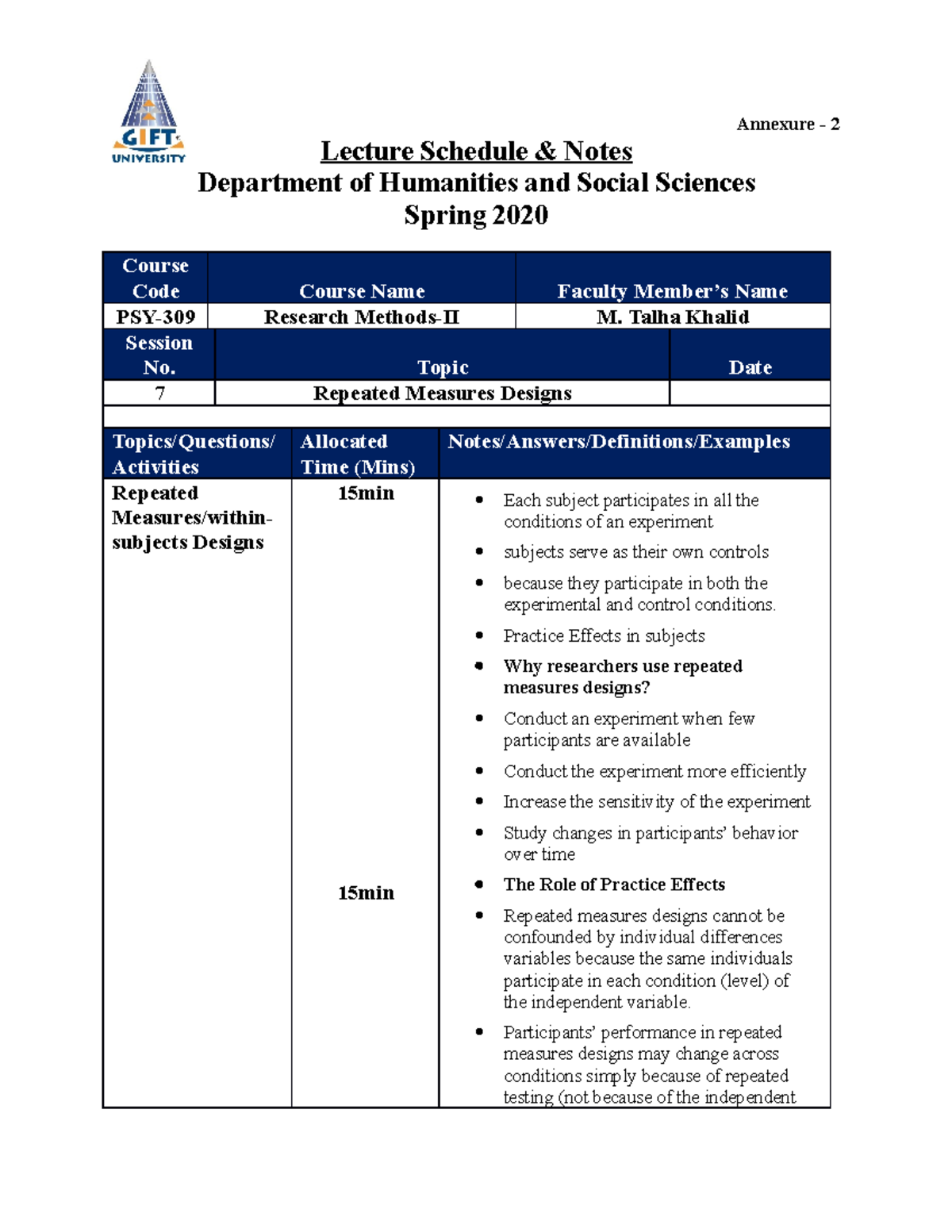 Repeated measure design - Annexure - 2 Lecture Schedule & Notes ...