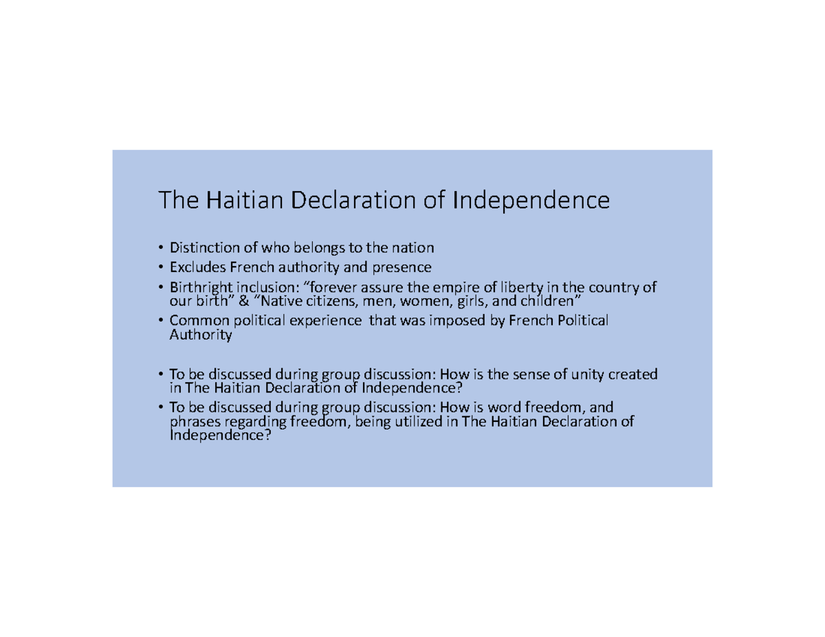Lecture notes - global 1 - The Haitian Declaration of Independence ...