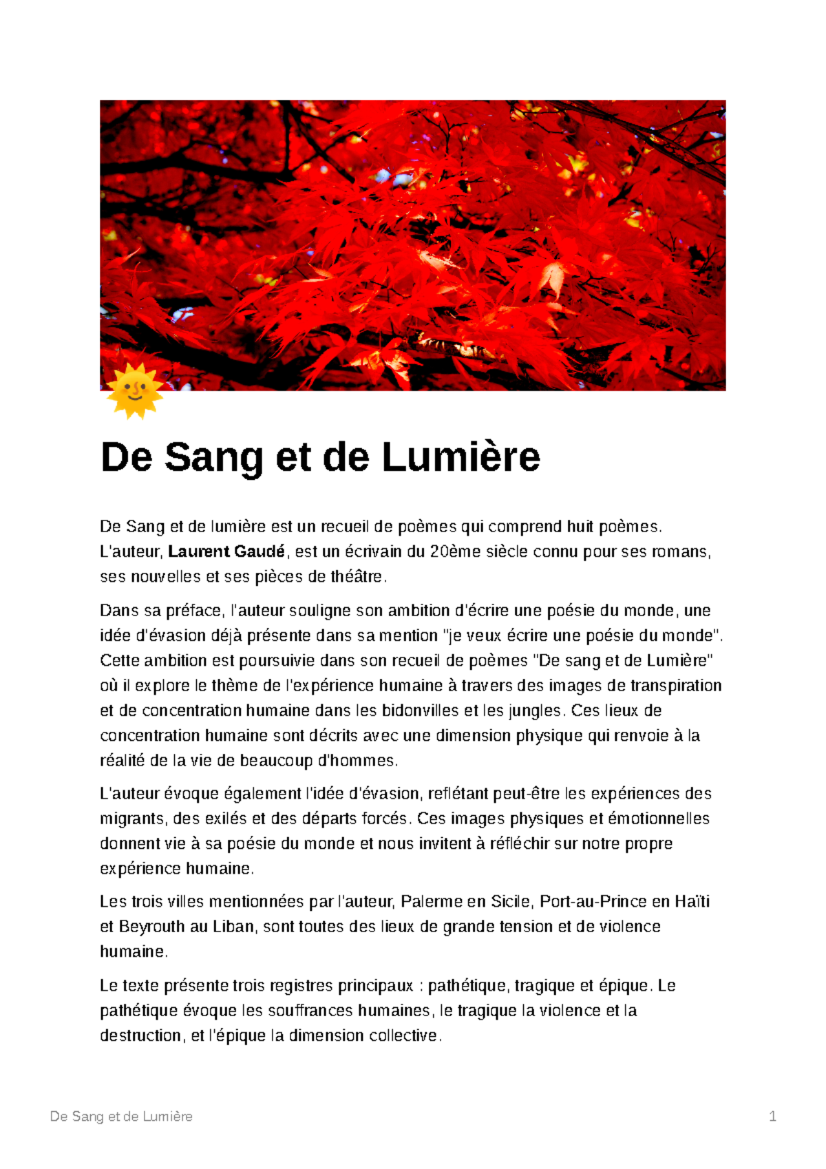 Fiche de lecture De sang et de lumière - De Sang et de Lumière 1 De ...