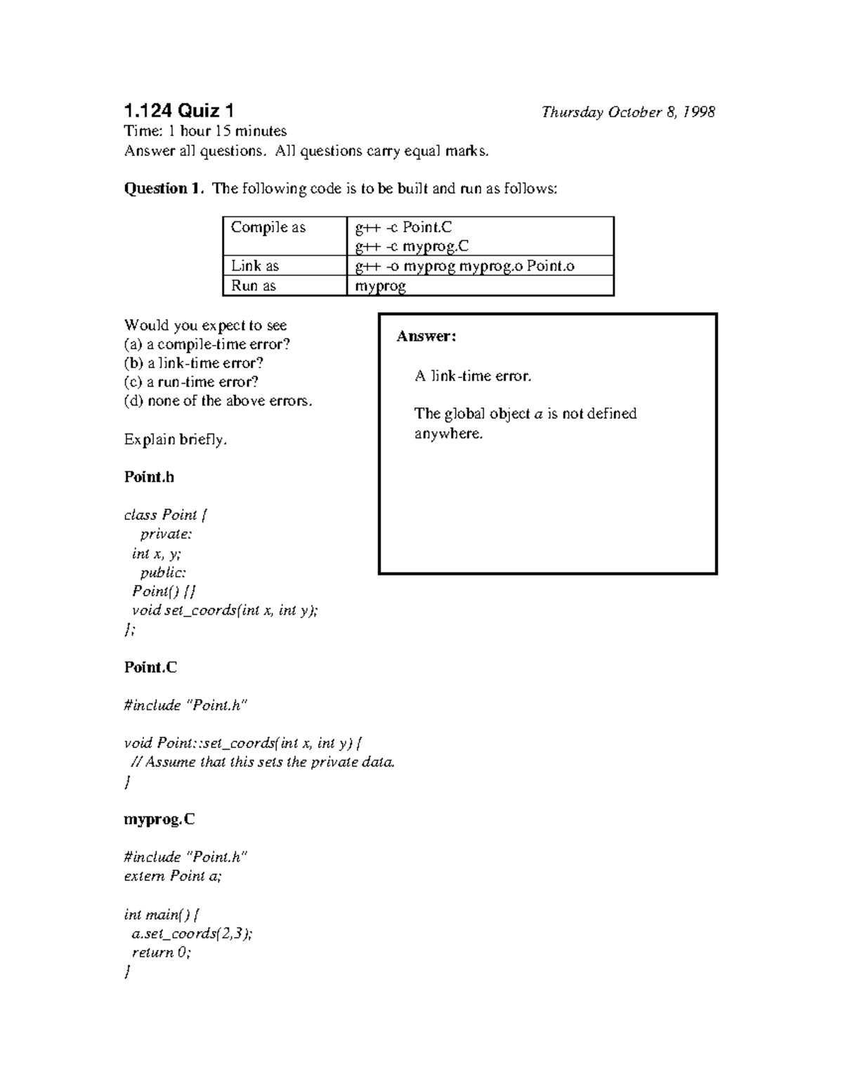 532dacb20e9f0097517 e9142db5b3cc3 sample quiz1 answers - 1 Quiz 1 Thursday October 8, 1998 Time ...