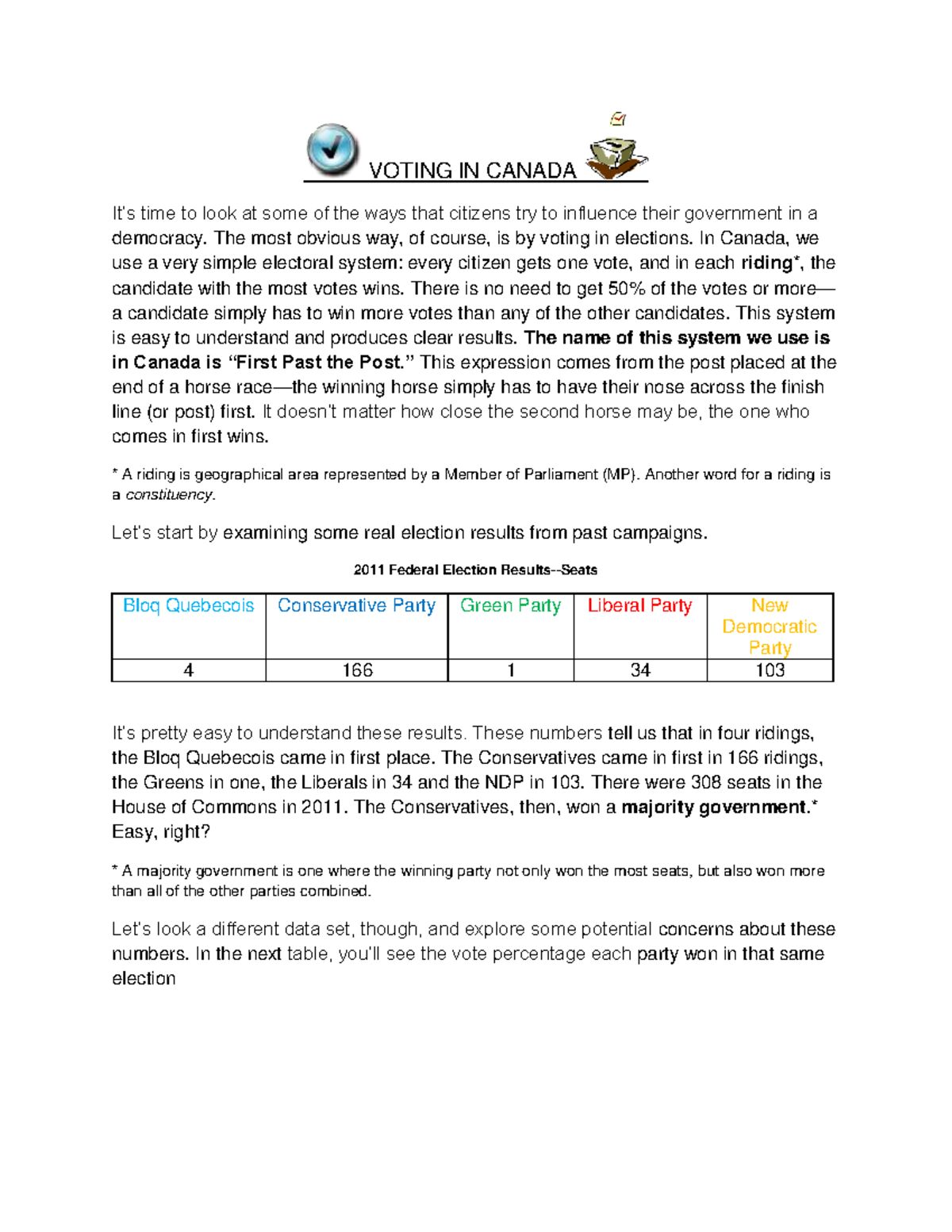 Voting in Canada - grade 10 history - VOTING IN CANADA It’s time to ...