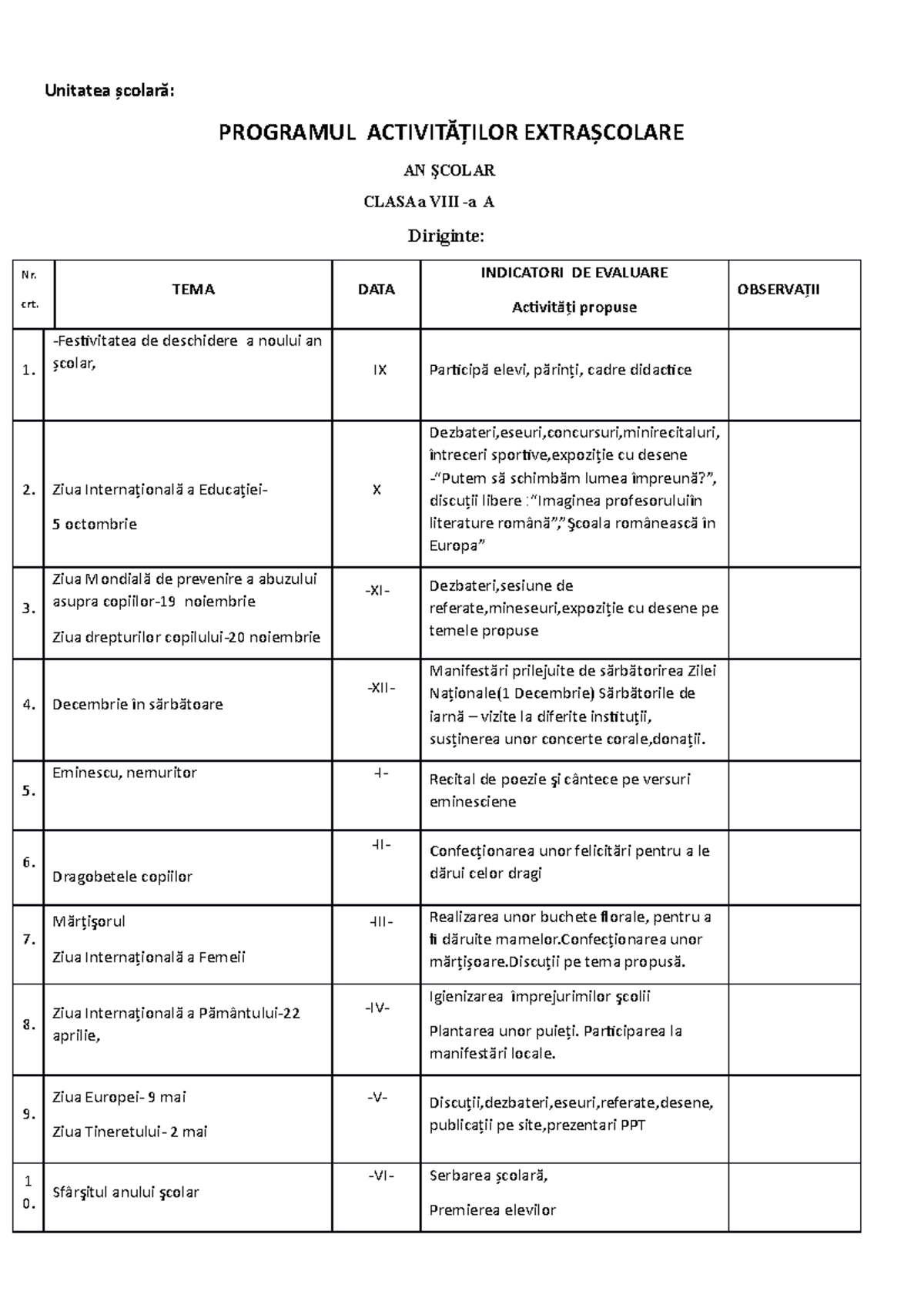 1 activitati extra - Grade: 9 - Unitatea şcolară: PROGRAMUL ACTIVITĂŢILOR EXTRAŞCOLARE AN ŞCOLAR ...