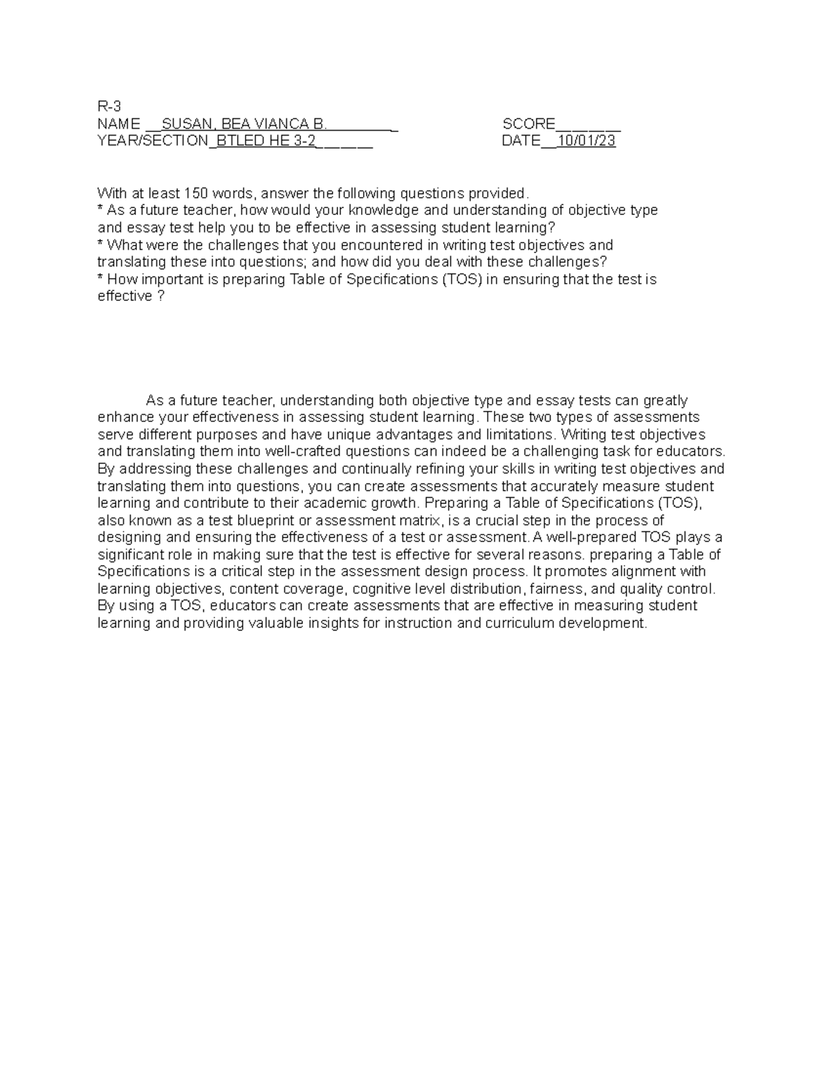 REFLECTION PAPER - R- NAME SUSAN, BEA VIANCA B. _ SCORE______ YEAR ...