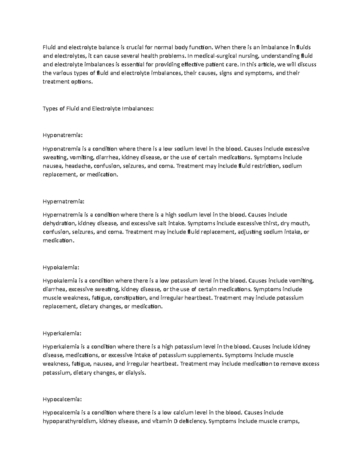 Fluid and electrolyte balance is crucial for normal body function ...