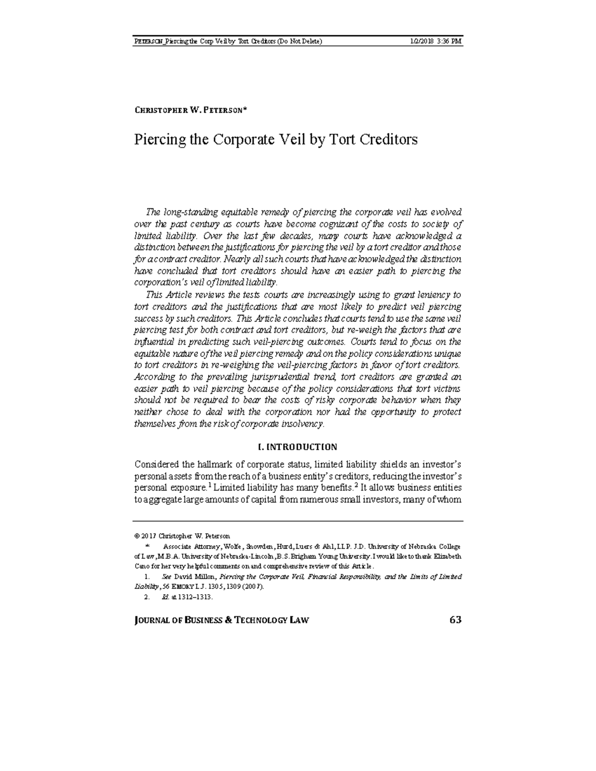 Content Server - PETERSON_Piercing the Corp Veil by Tort Creditors (Do ...