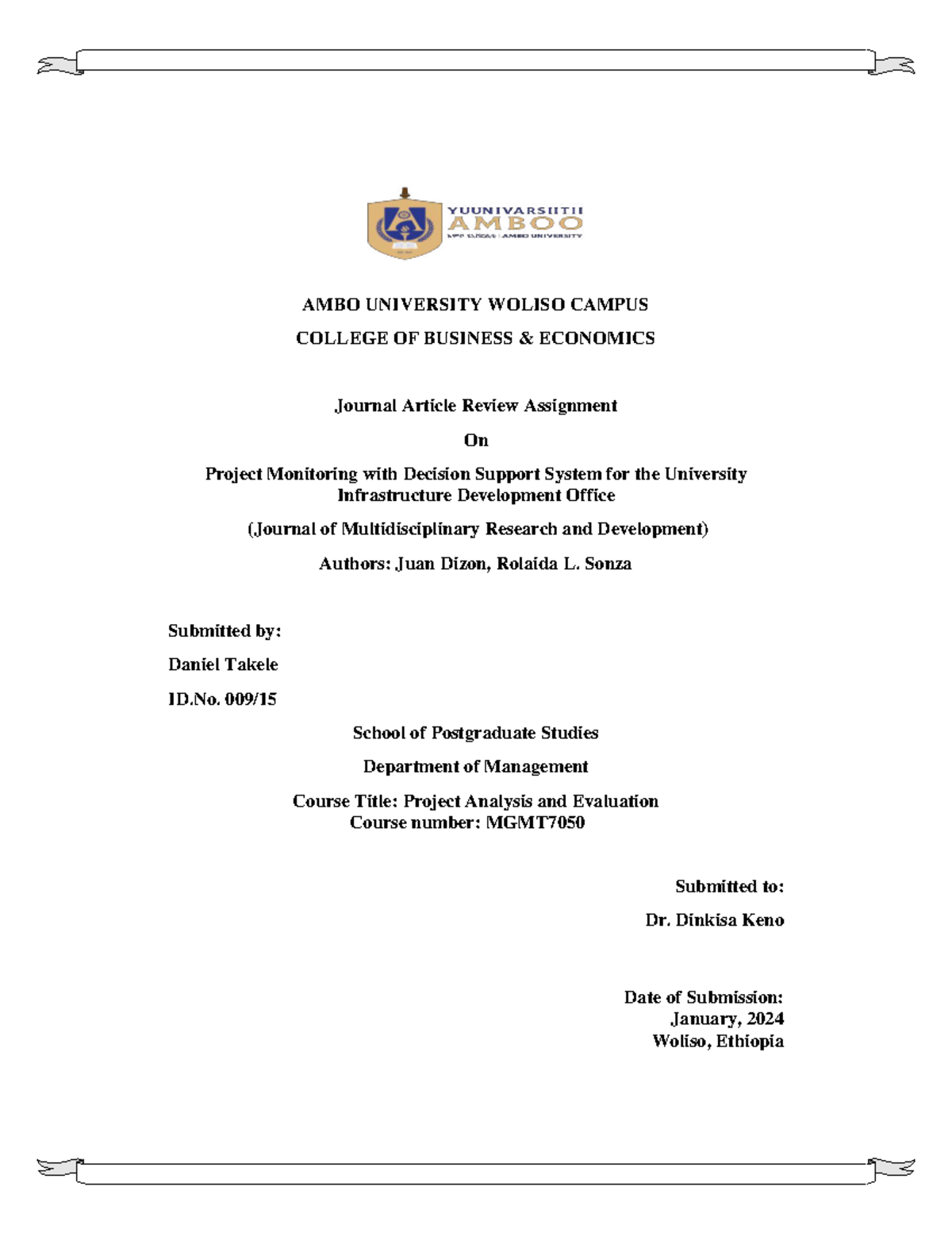 Dani project mgt artcle rvwd - AMBO UNIVERSITY WOLISO CAMPUS COLLEGE OF ...