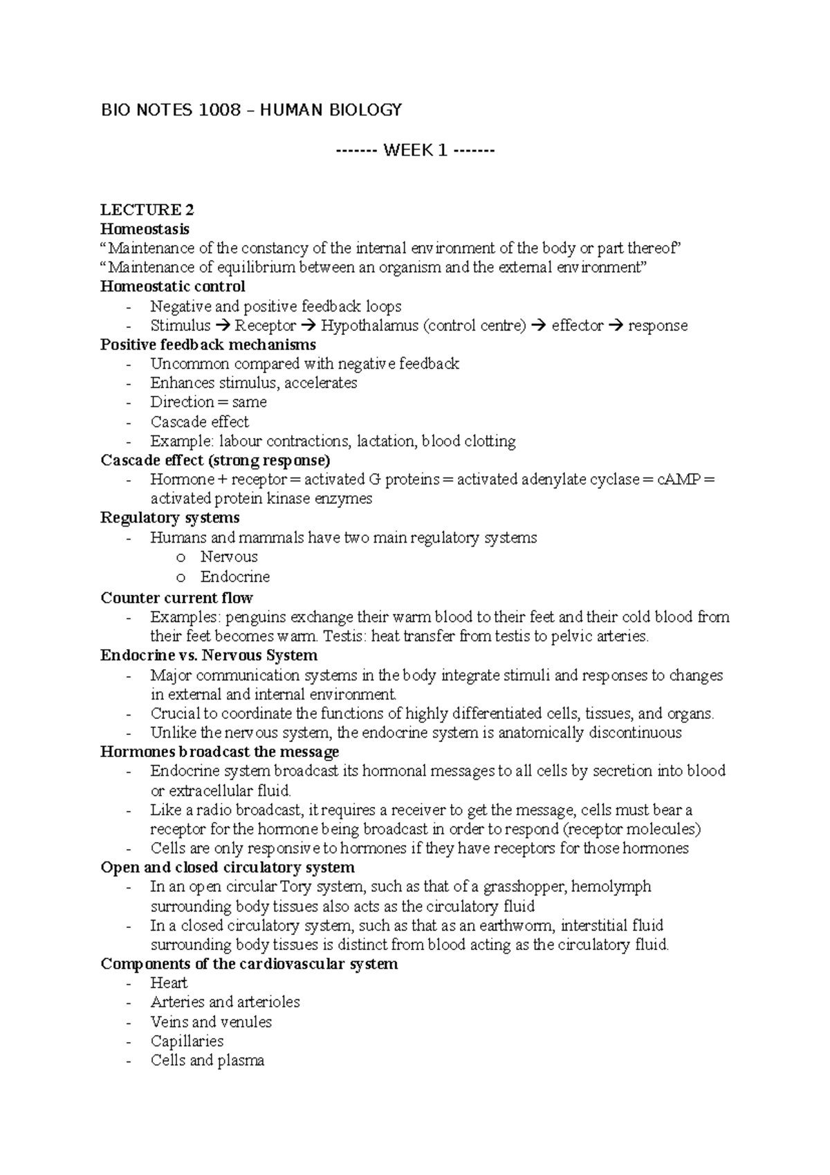 BIO Notes 1008 - BIO NOTES 1008 – HUMAN BIOLOGY - WEEK 1 - LECTURE 2 ...