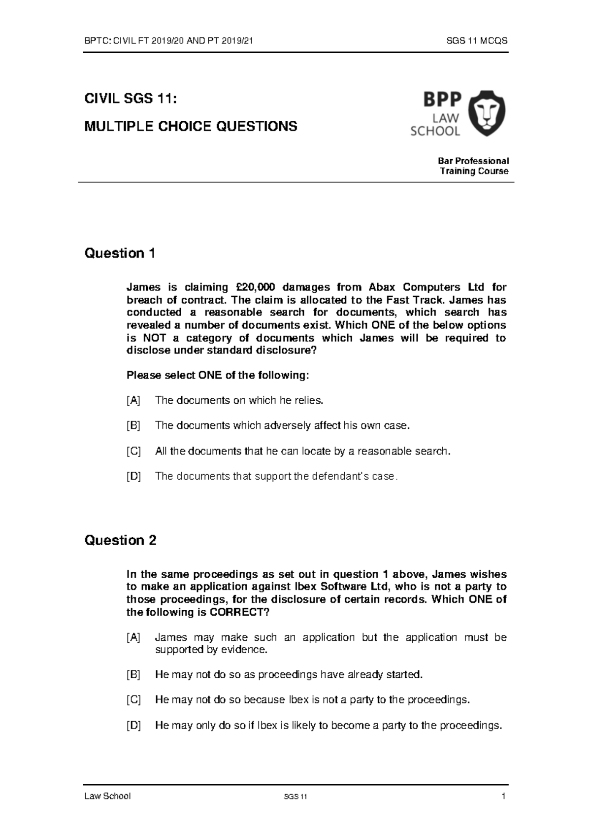 SGS 11 MCQs Civil - MCQs - BPTC: CIVIL FT 2019/20 AND PT 2019/21 SGS 11 ...