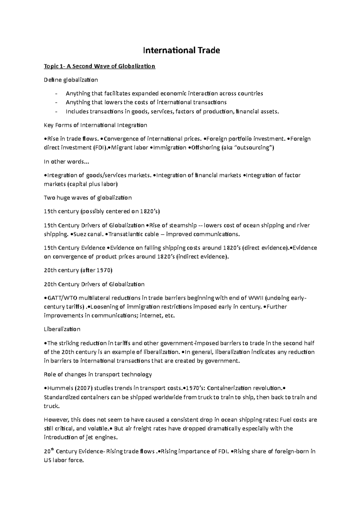 Notes - International Trade Topic 1- A Second Wave of Globalization ...