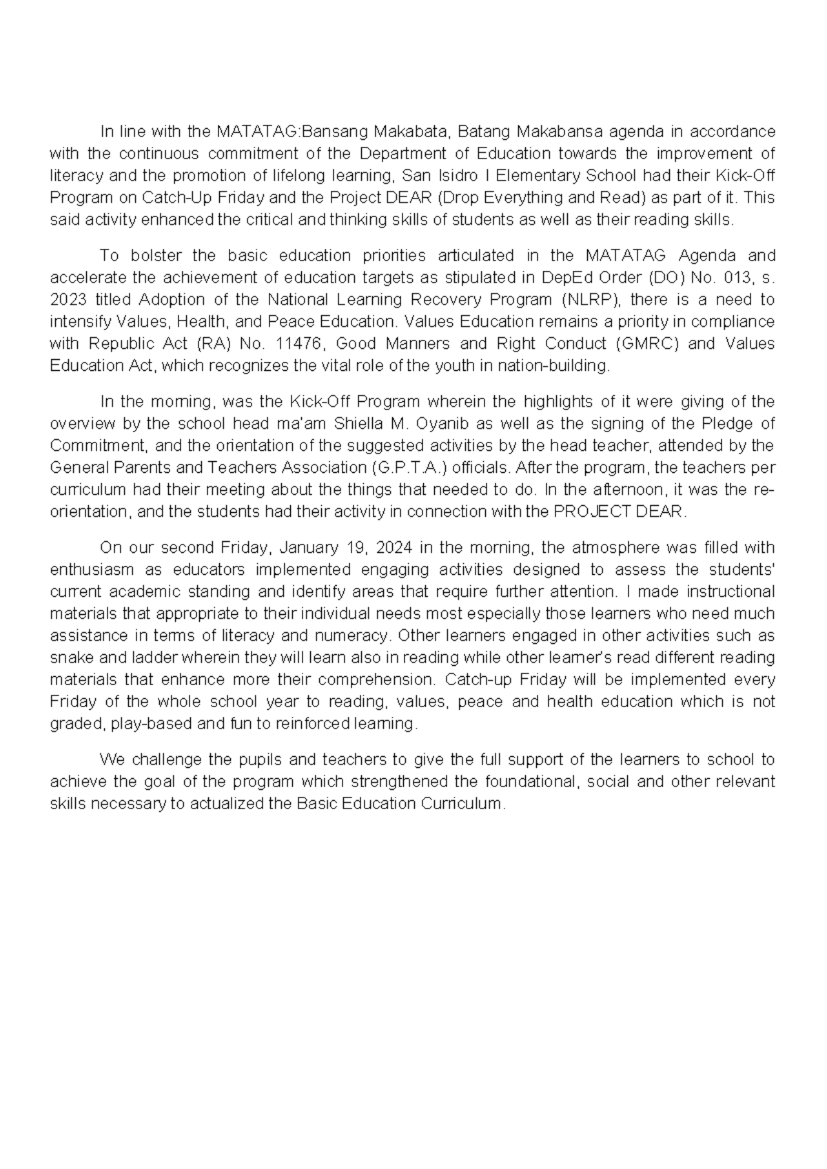 Catch-up narrative - In line with the MATATAG:Bansang Makabata, Batang ...