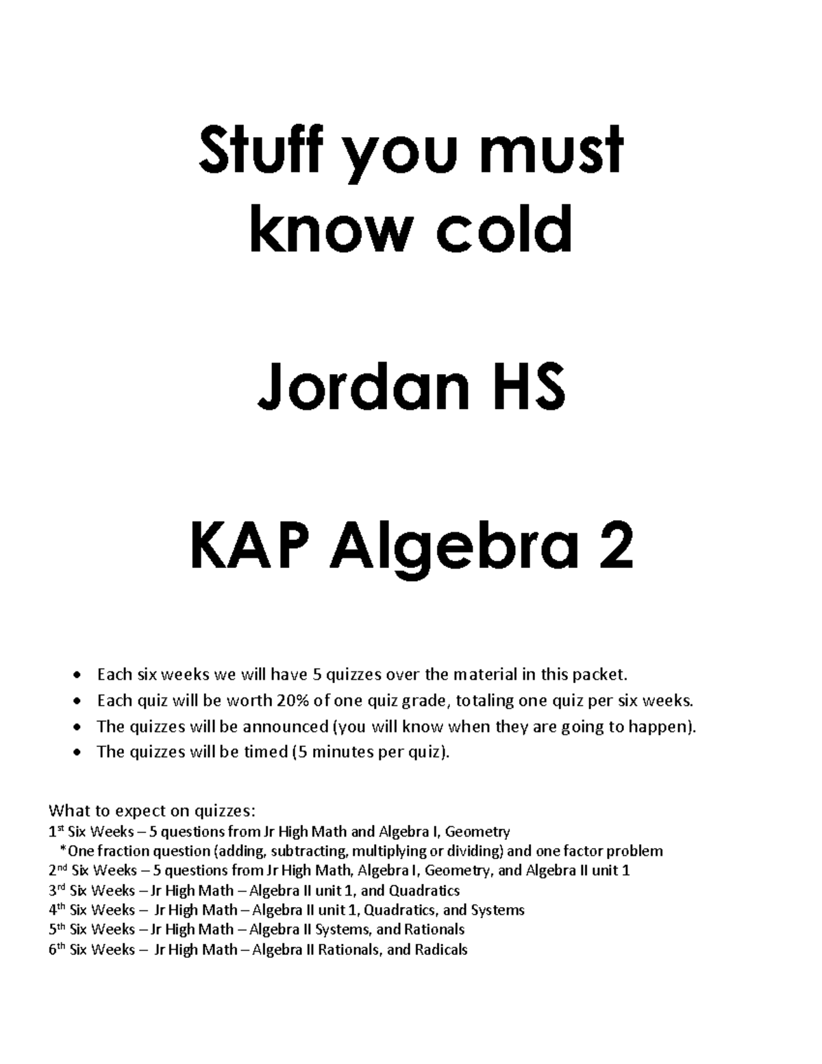 Symkc Packet- Algebra 2-1 - Stuff you must know cold Jordan HS KAP ...