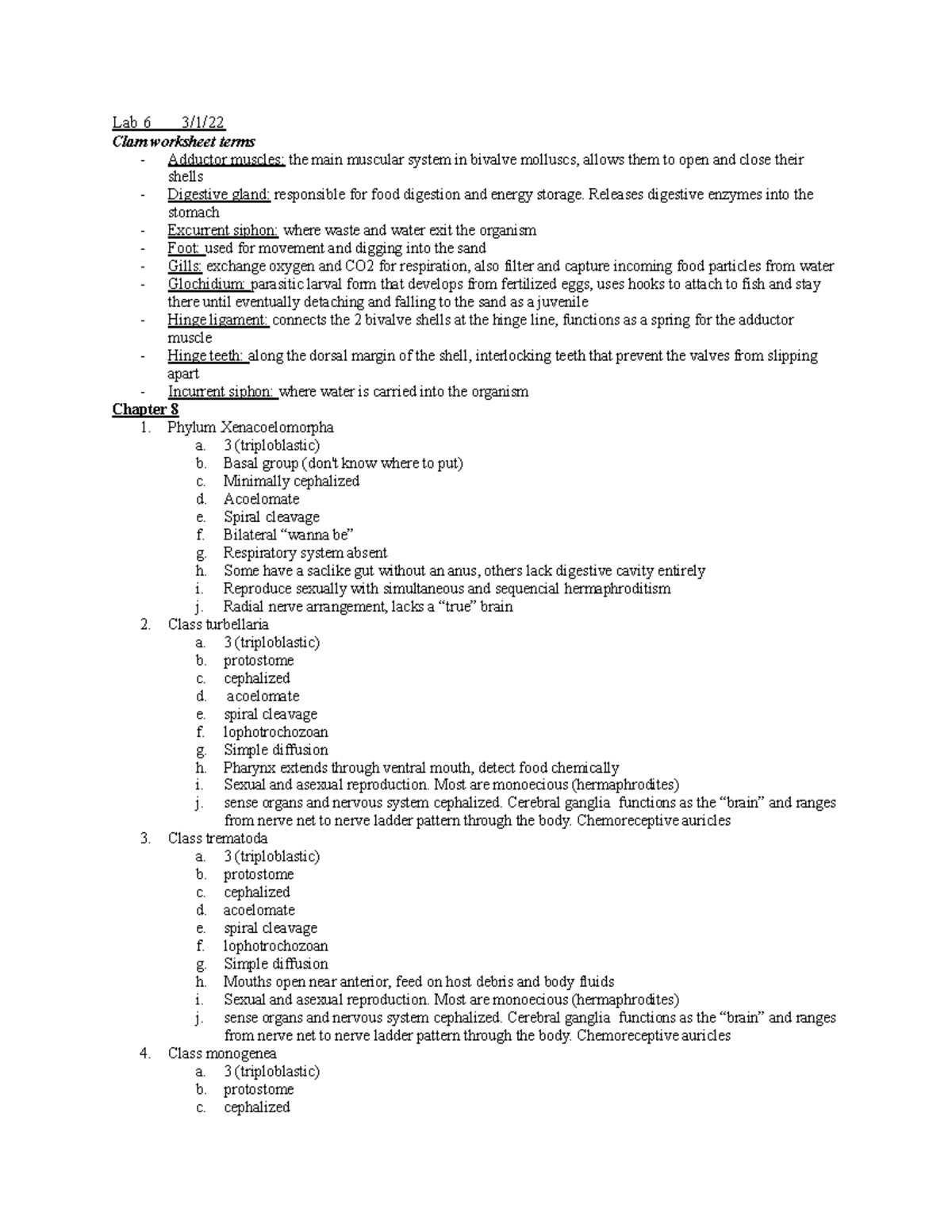 Lab 6 - lab vocabulary and questions with answers - Lab 6 3/1/ Clam ...