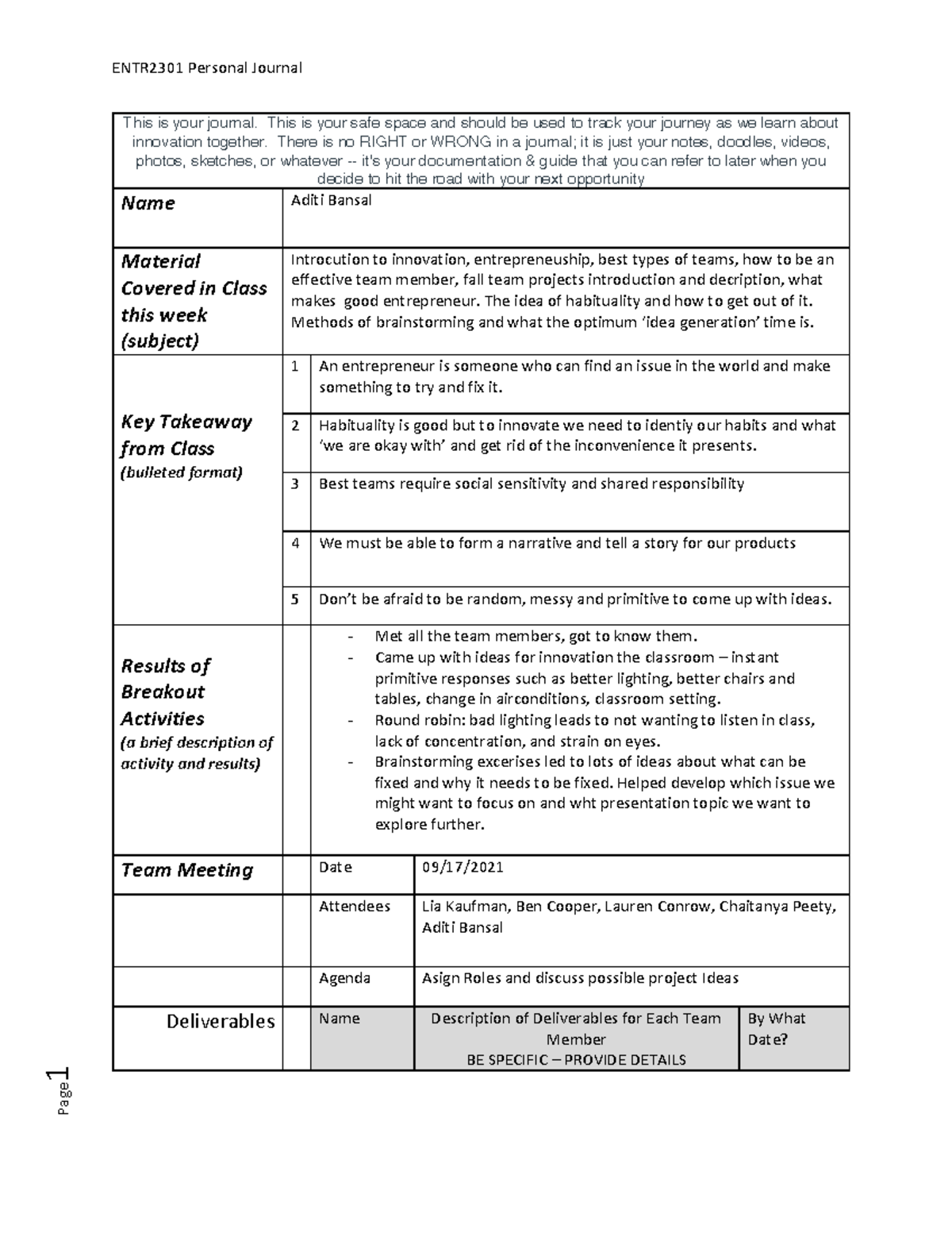 ENTR2301 Personal Journal 1 - ENTR 2301 Personal Journal Page 1 This is ...