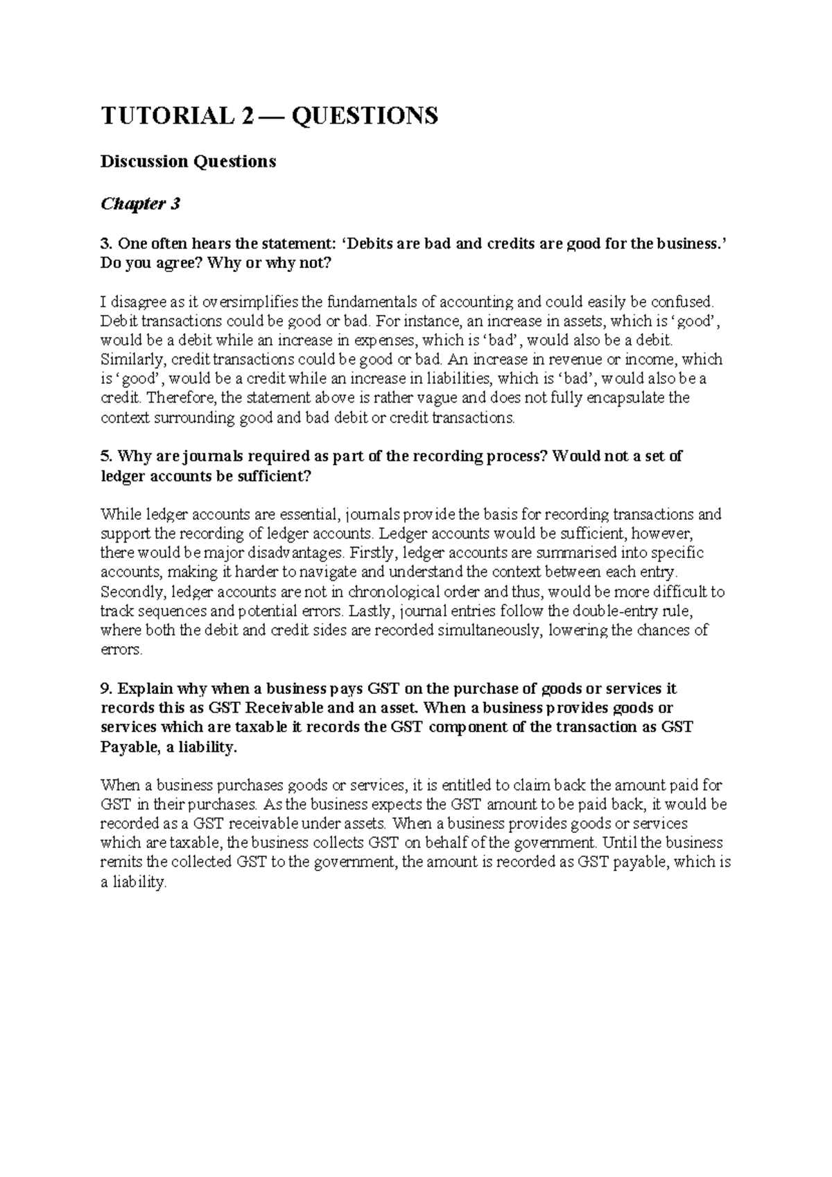 Acc tute 2 - tutorial 2 - TUTORIAL 2 — QUESTIONS Discussion Questions ...