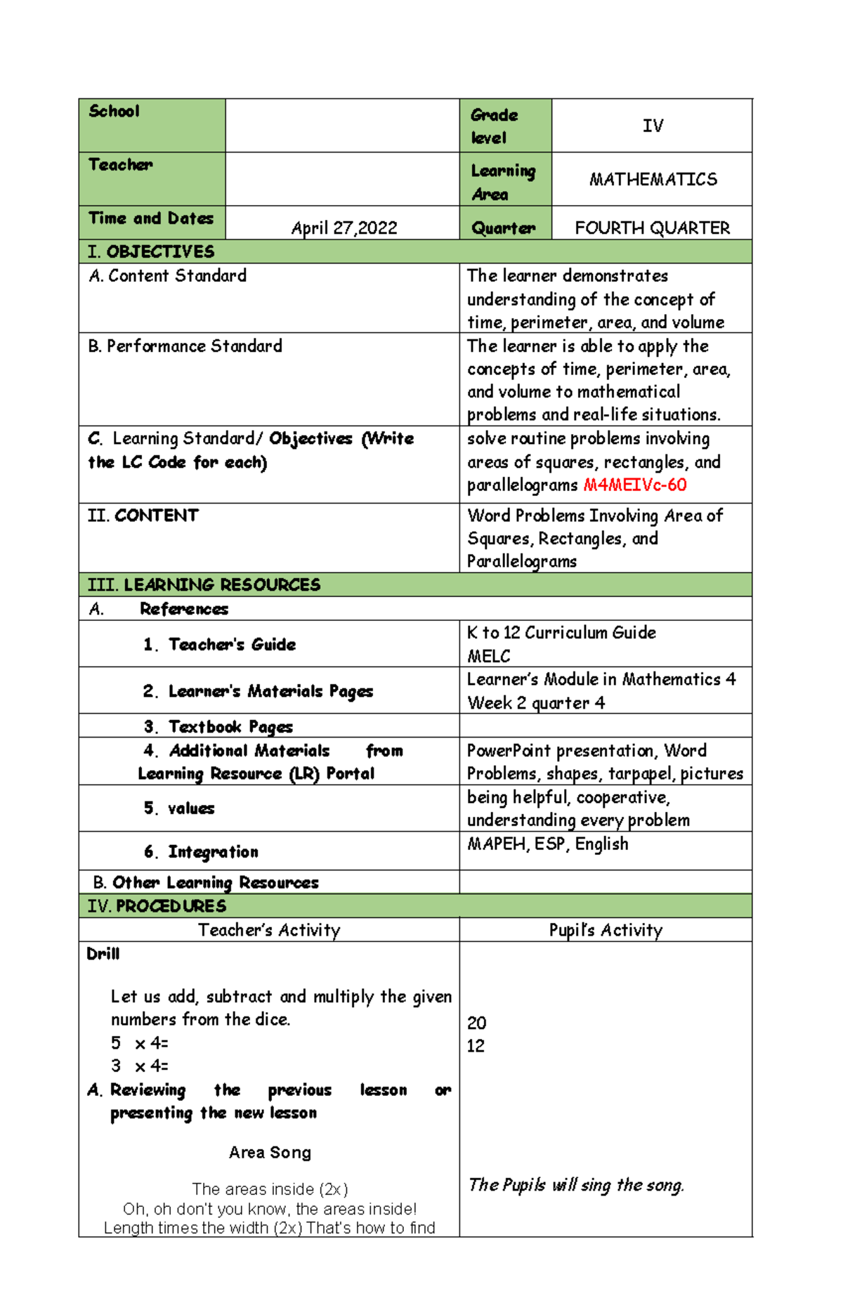 COT-for-math - School Grade level IV Teacher Learning Area MATHEMATICS ...
