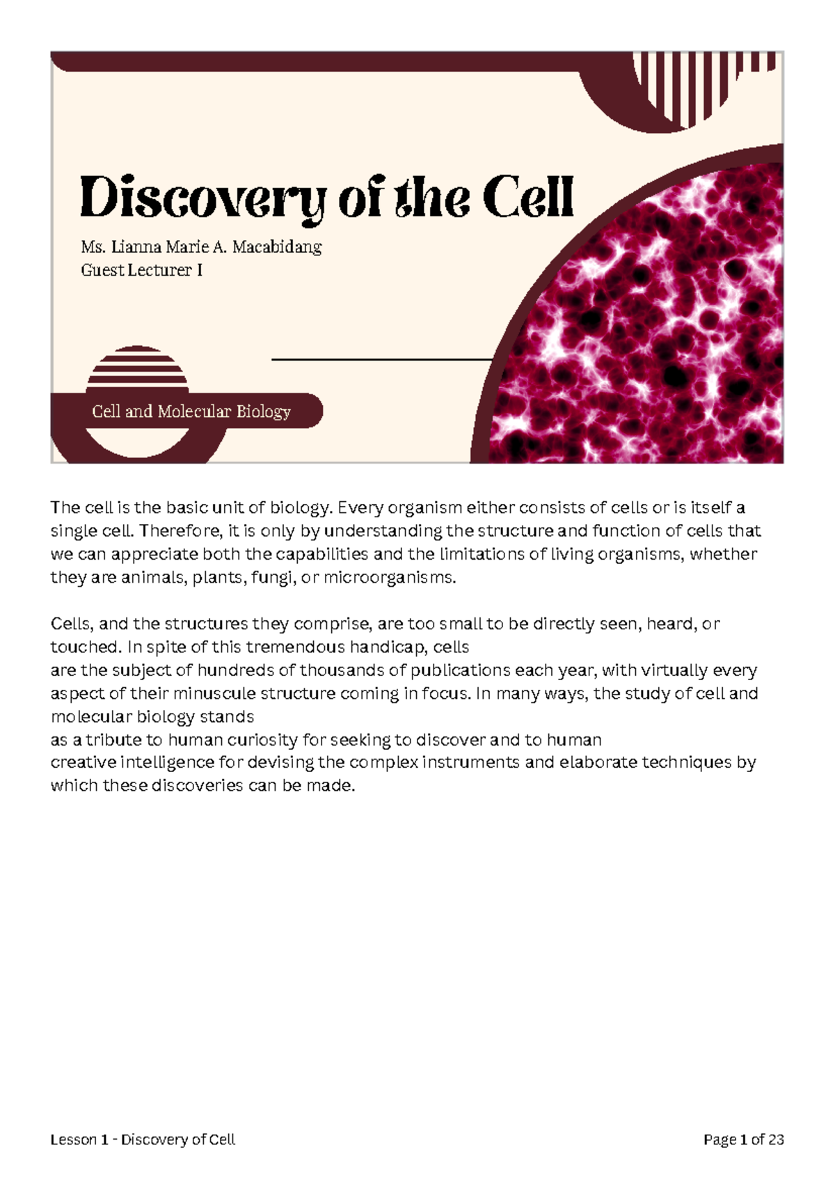 BIO 301 Lesson 1 - cell and molecular biology - Discovery of the Cell ...