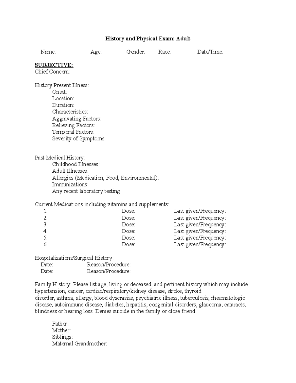 History and Physical Exam adult - History and Physical Exam: Adult Name ...