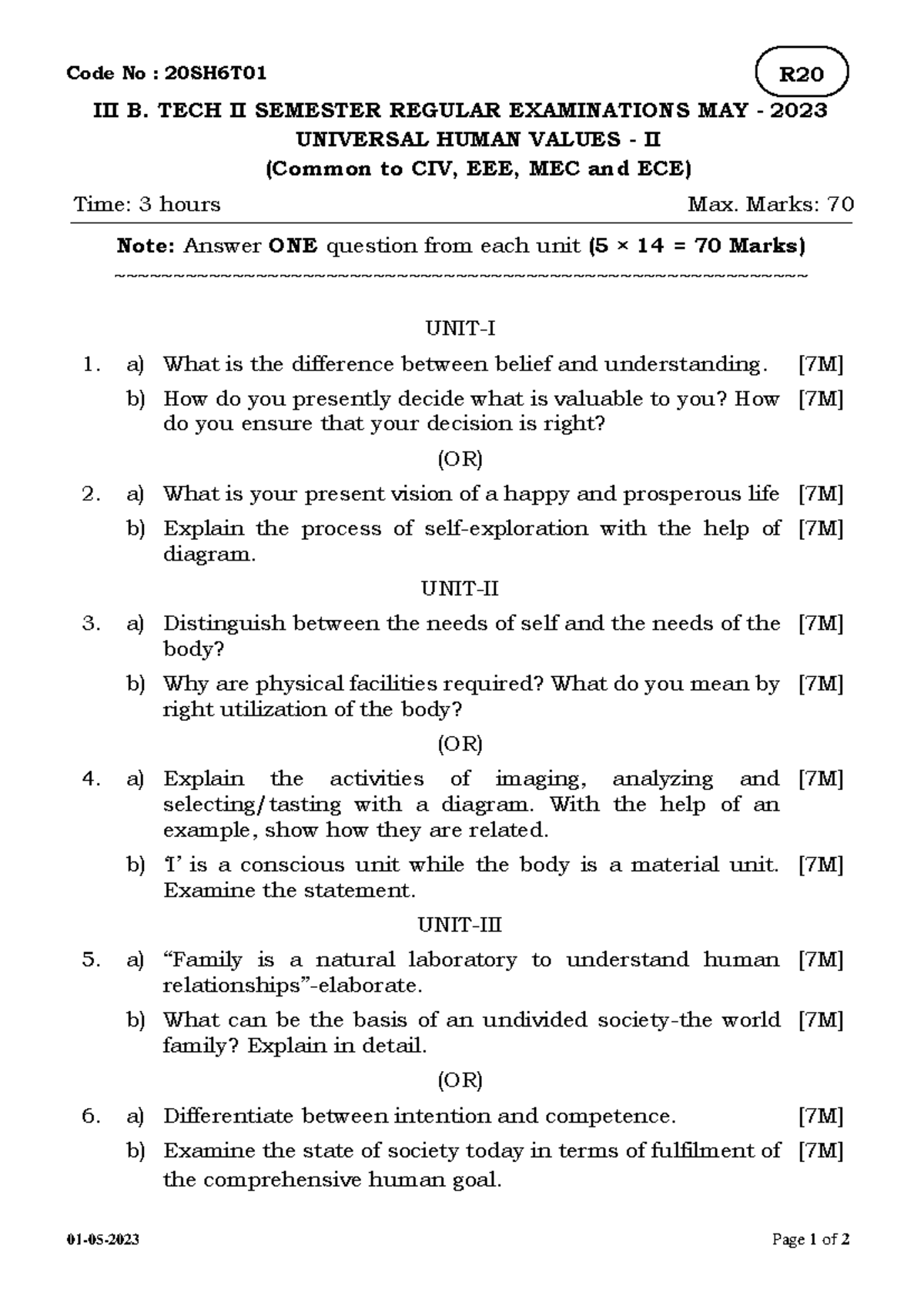 -CIV, EEE, MEC and ECE - SET2 - 20SH6T01 - Universal Human Values - II ...