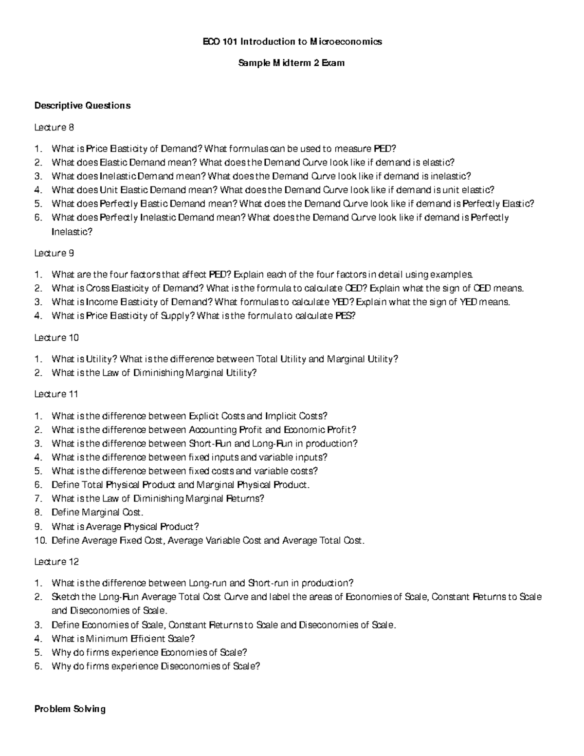 Eco 101 sample midterm 2 exam - ECO 101 Introduction to M icroeconomics ...