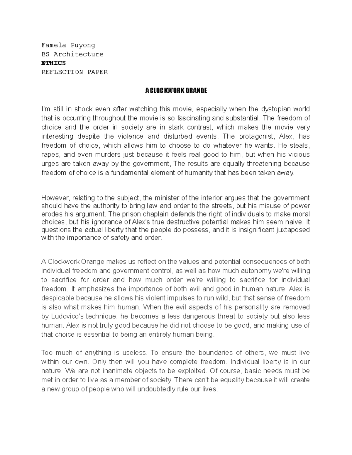 Famela Puyong - Reflection Paper - Famela Puyong BS Architecture ETHICS ...