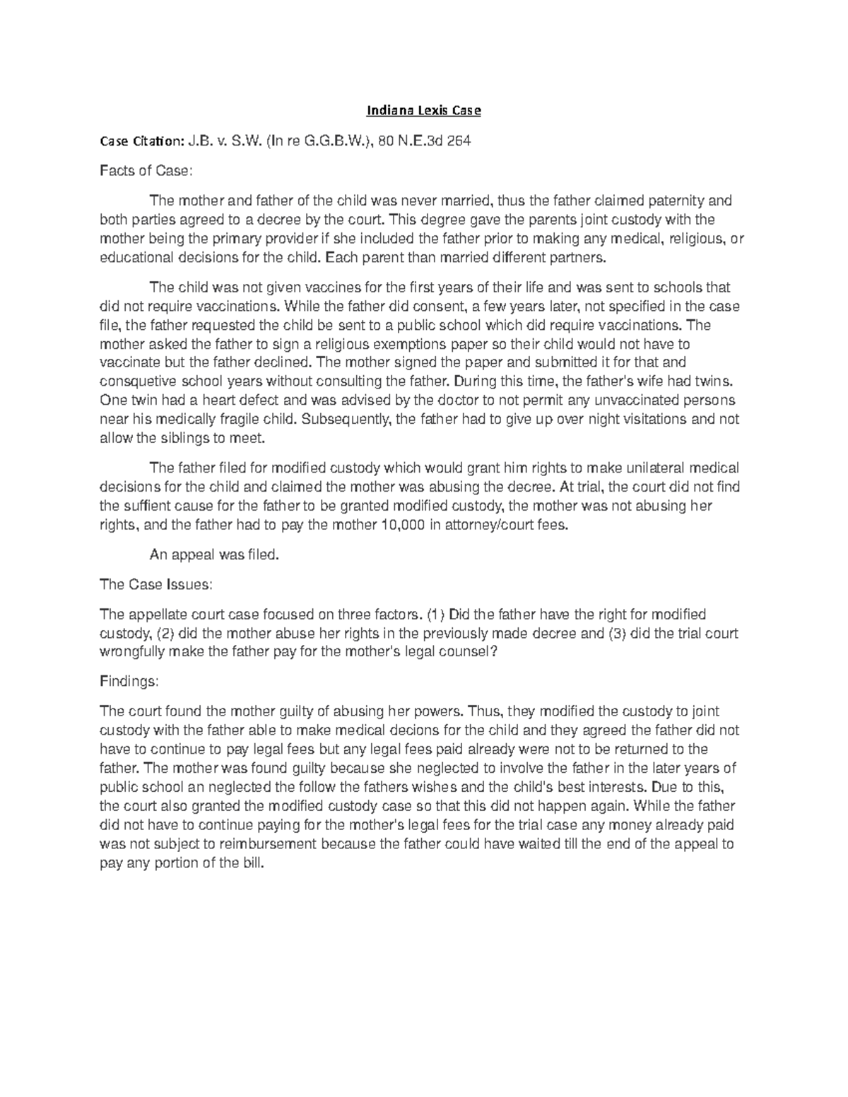 Indianalexiscase - Grade: a - Indiana Lexis Case Case Citation: J. v. S ...