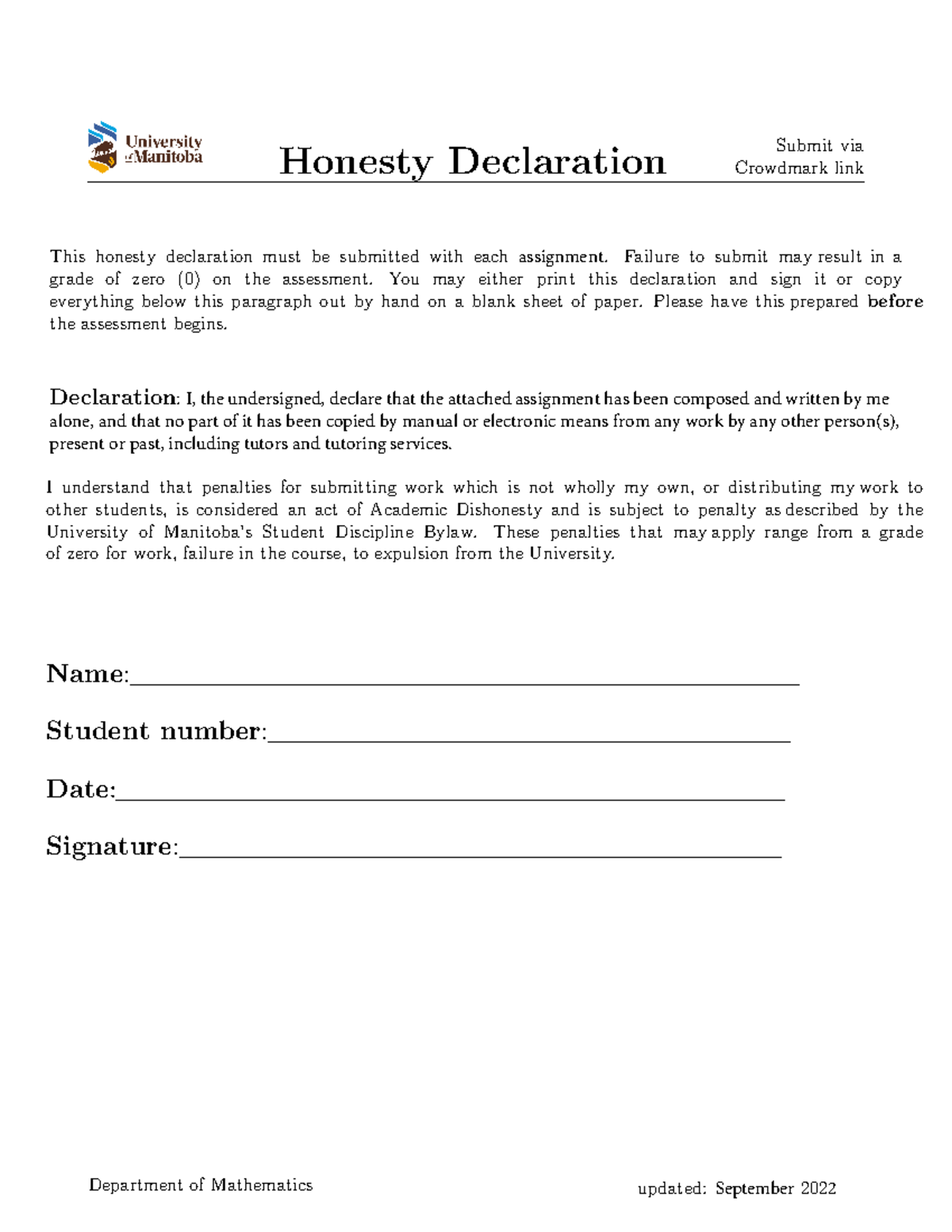 Honesty Declaration Form (Fall2022) - Honesty Declaration Submit via ...
