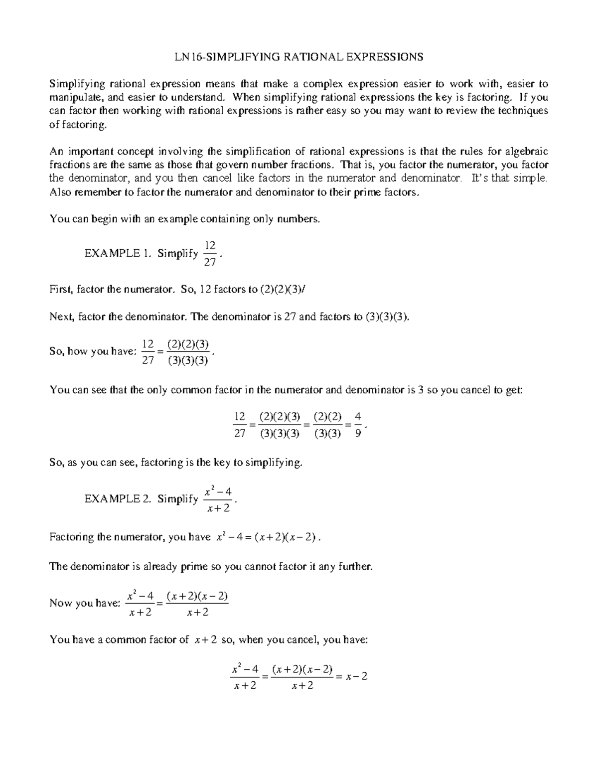 LN16- Simplifying Rational Expressions - LN16-SIMPLIFYING RATIONAL ...