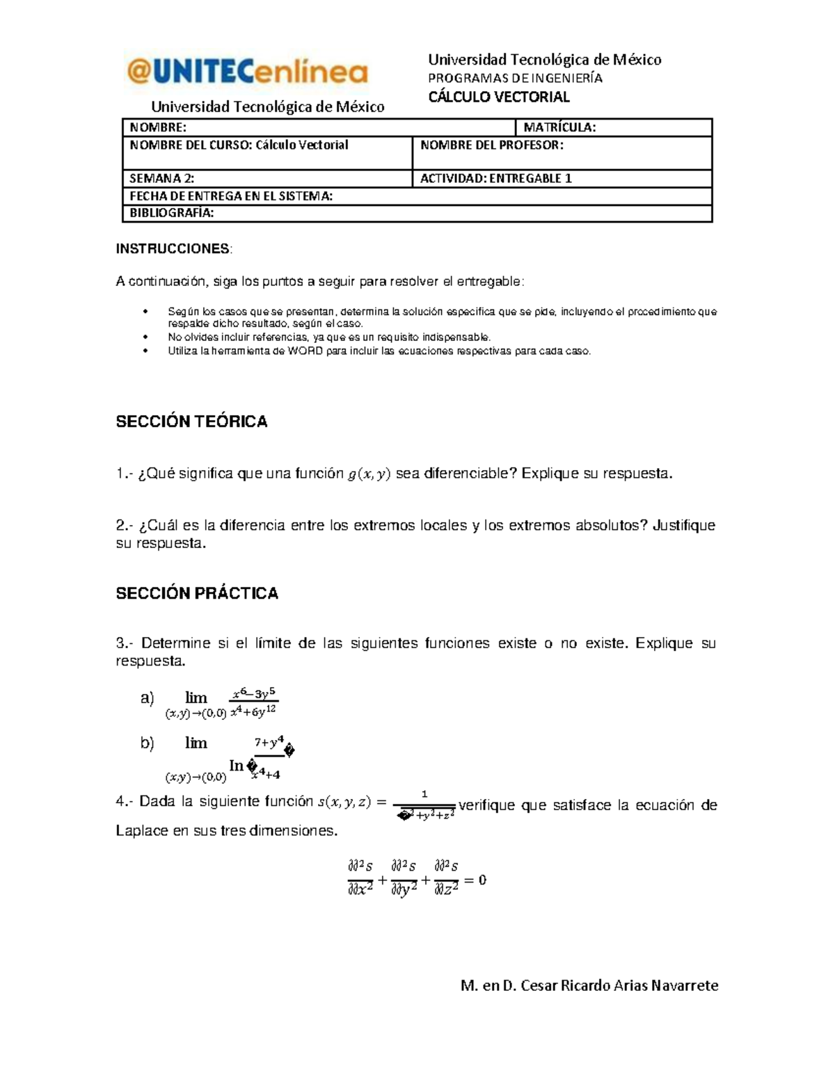 Entregable 1-Calculo Vectorial - Universidad Tecnológica de México PROGRAMAS DE INGENIERÍA ...