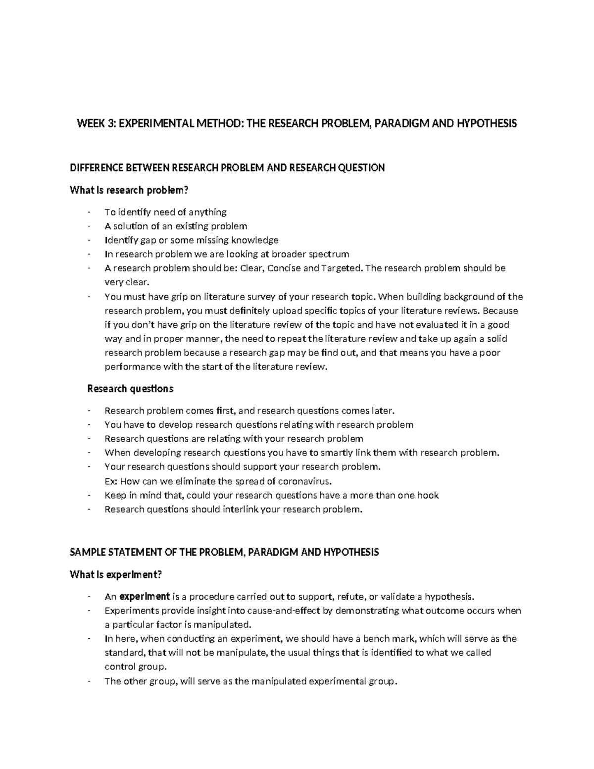 Research lecture notes - WEEK 3: EXPERIMENTAL METHOD: THE RESEARCH ...