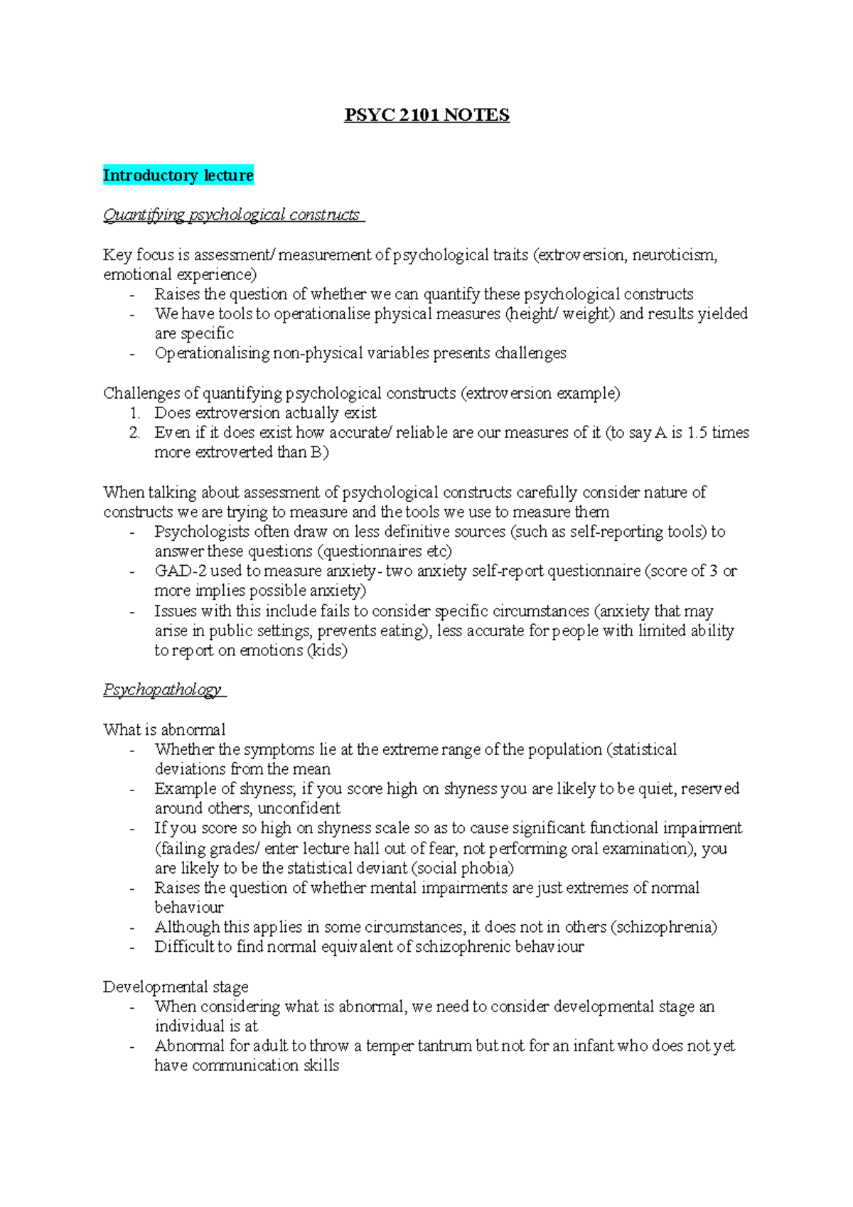 PSYC2101 lecture notes - PSYC 2101 NOTES Introductory lecture ...