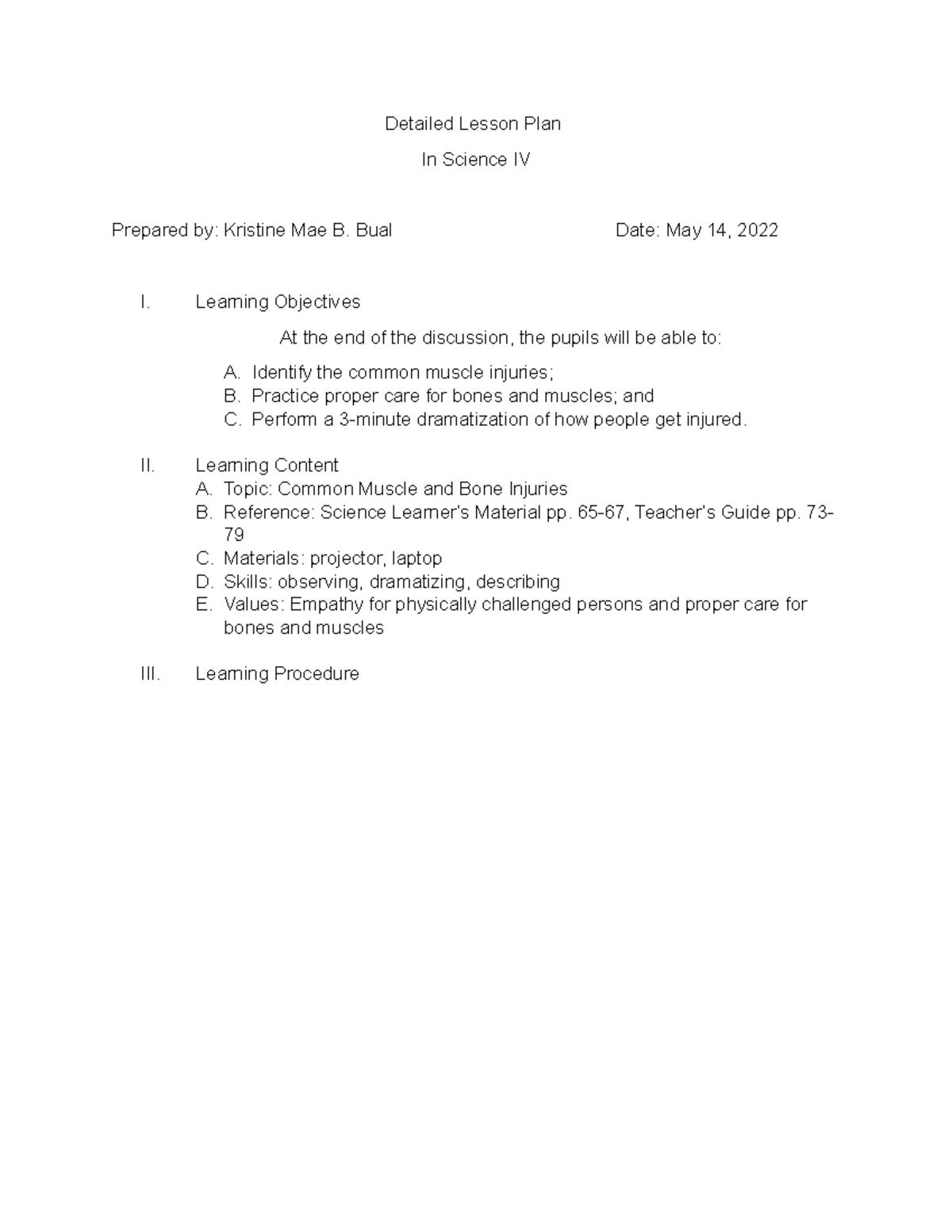 Detailed Lesson Plan - Bual Date: May 14, 2022 I. Learning Objectives ...
