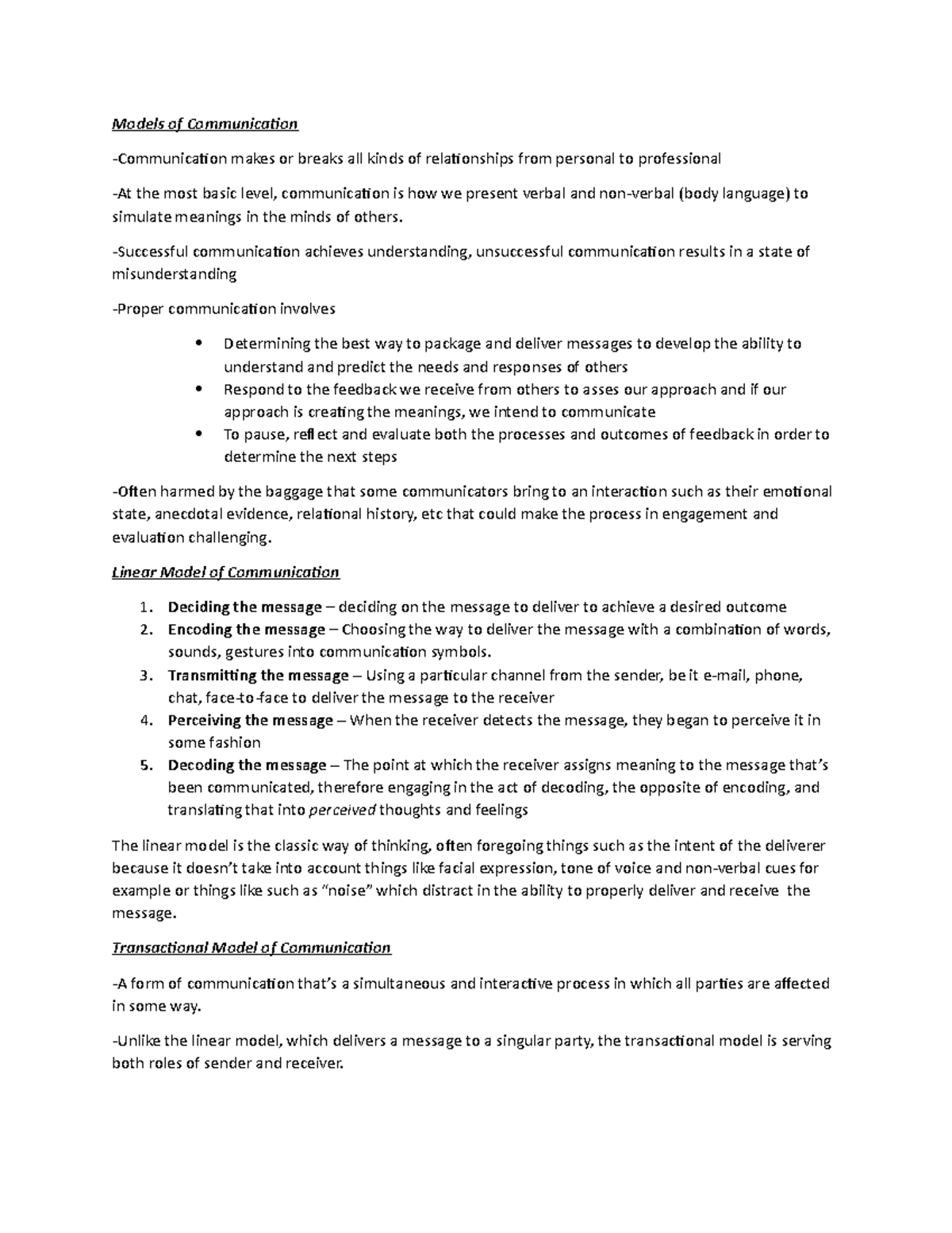 Communication Notes (Auto Recovered) - Models of Communication ...