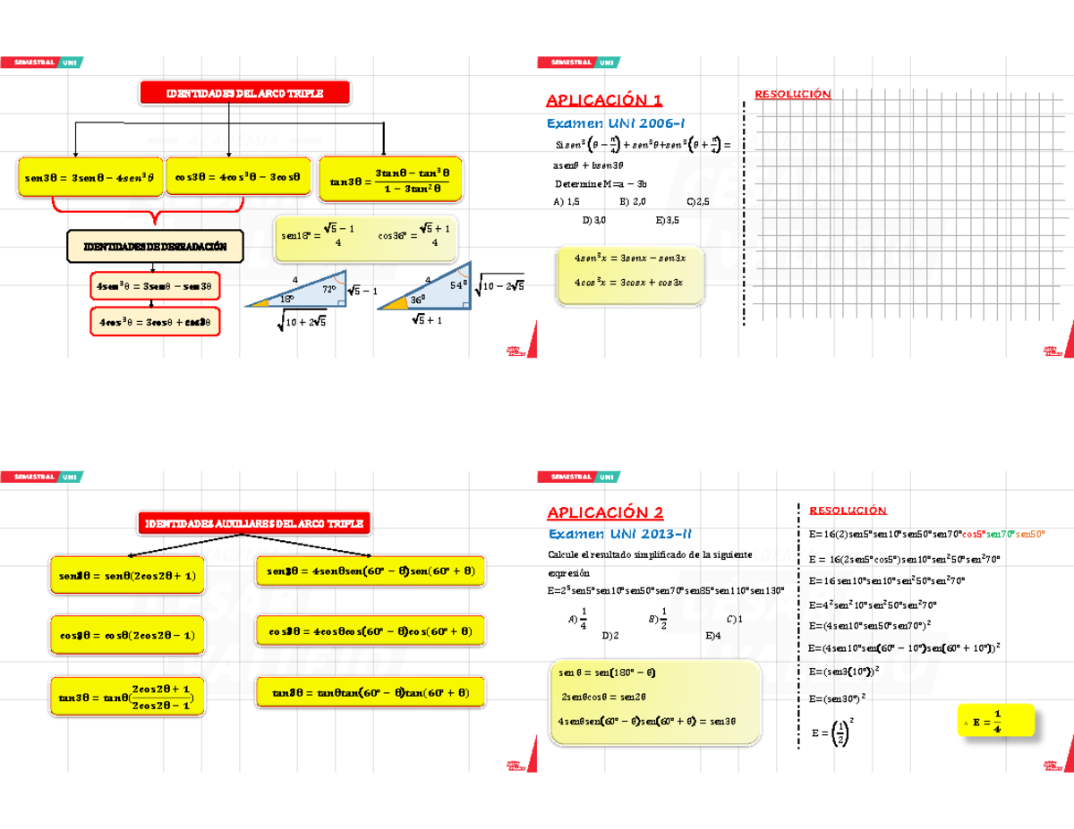 Trigo 1 - apuntes - IDENTIDADES DEL ARCO TRIPLE 𝐬𝐞𝐧𝟑𝛉 = 𝟑𝐬𝐞𝐧𝛉 − 𝟒𝒔𝒆𝒏𝟑𝜽 ...