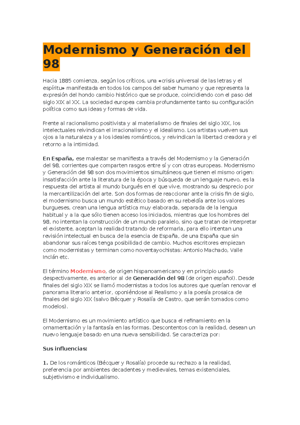 Modernismo Y Generaci ón Del 99 Modernismo Y Generación Del 98 Hacia
