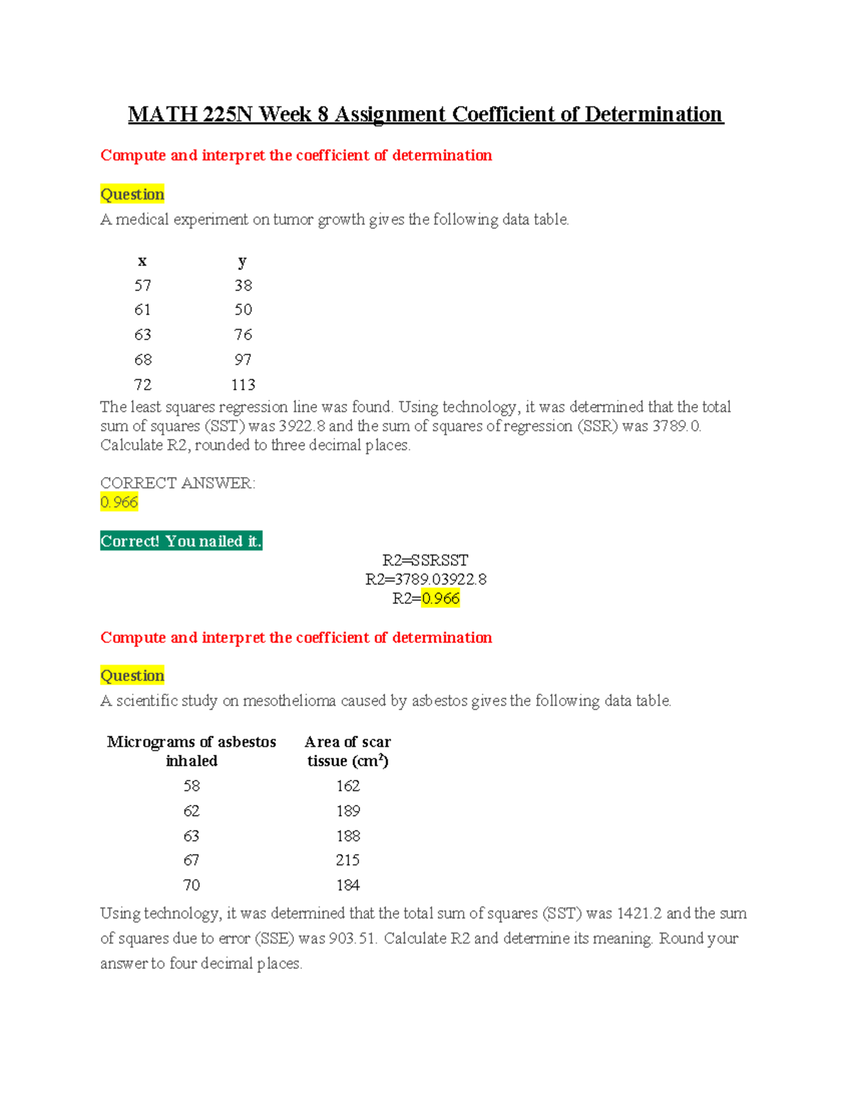 Week 8 Stats Assignment Coefficiet of Determination - MATH 225N Week 8 ... Week 8 Stats Assignment Coefficiet of Determination - MATH 225N Week 8 ...