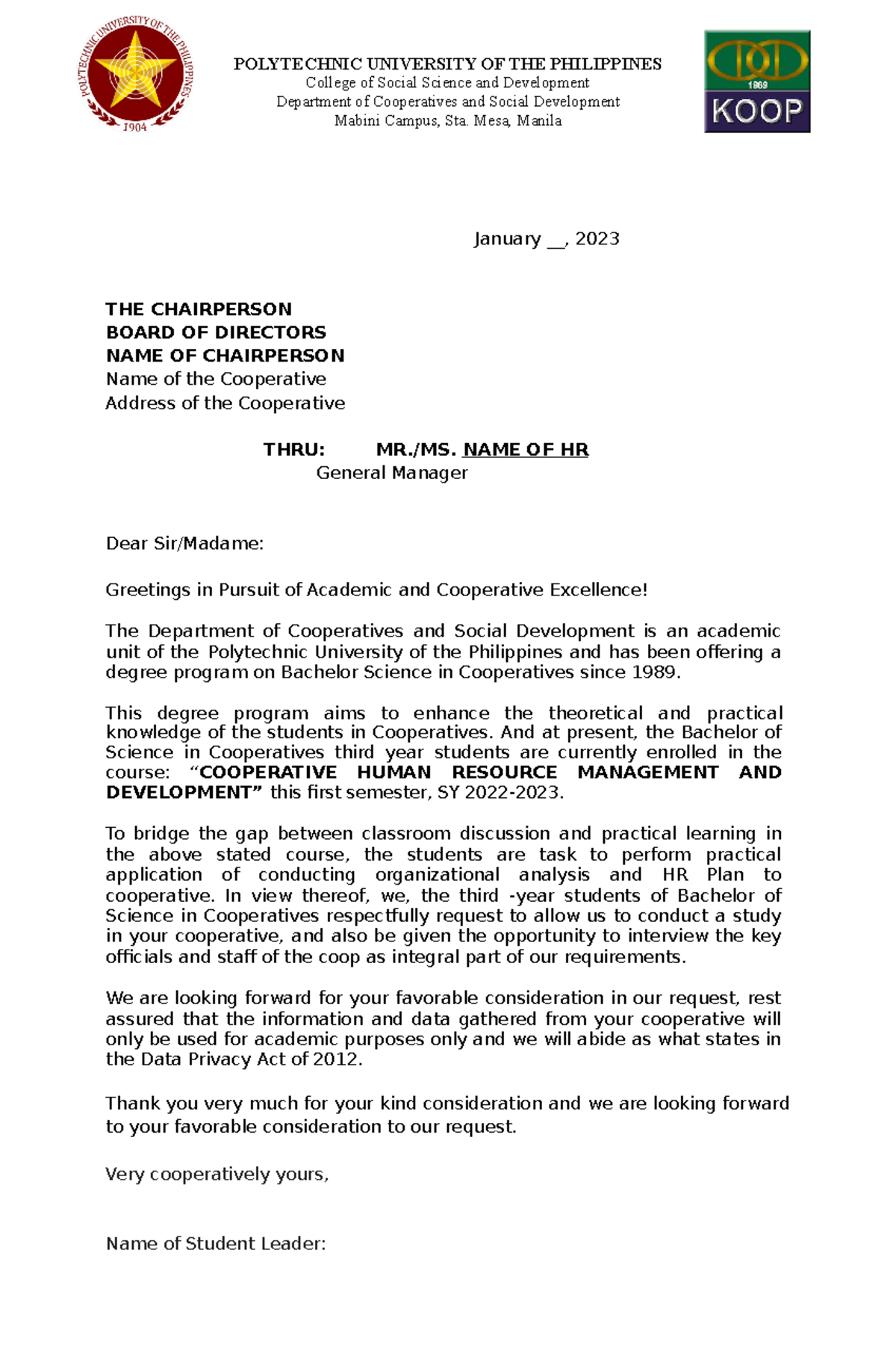 Letter for Coops Template - POLYTECHNIC UNIVERSITY OF THE PHILIPPINES ...