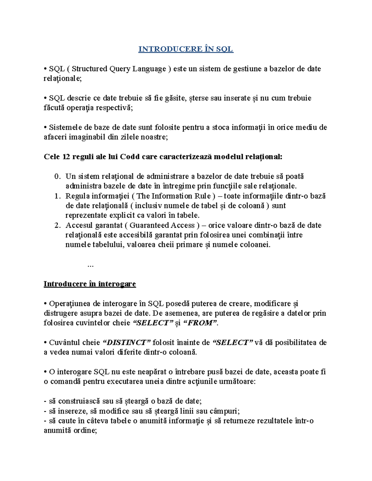 Sinteza Curs Introducere In SQL - INTRODUCERE ÎN SQL SQL ( Structured ...