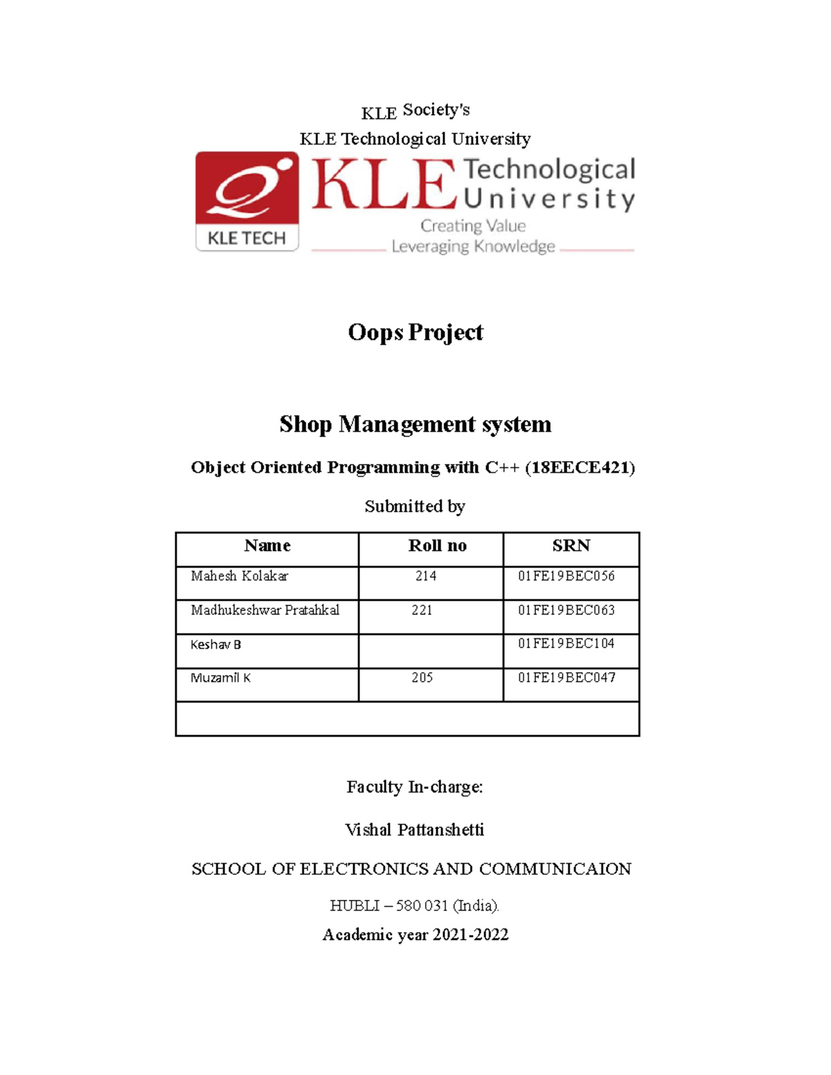 OOPS pro - REPORT ON OOPS - KLE Society's KLE Technological University Oops Project Shop ...