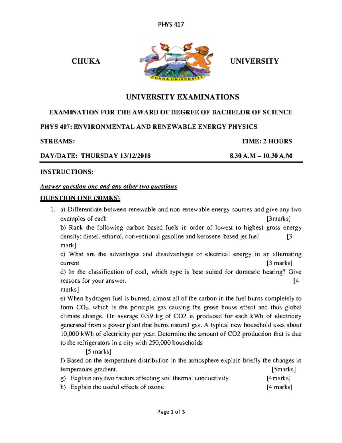 PHYS 417 - Good for revision - PHYS 417 Page 1 of 3 CHUKA UNIVERSITY ...