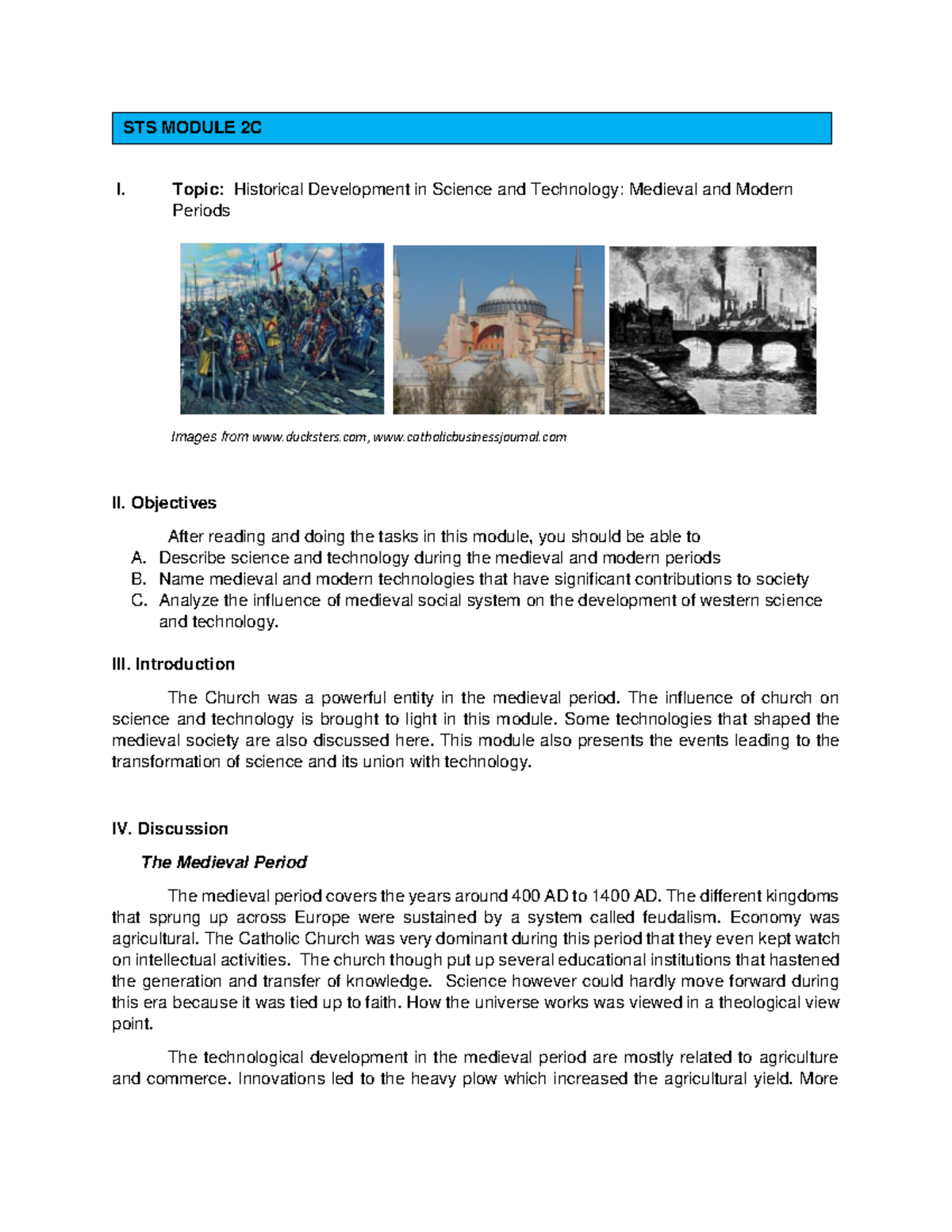 STS Module 2C Medieval and Modern Times ( Acquire) - STS Module 2 - A I ...