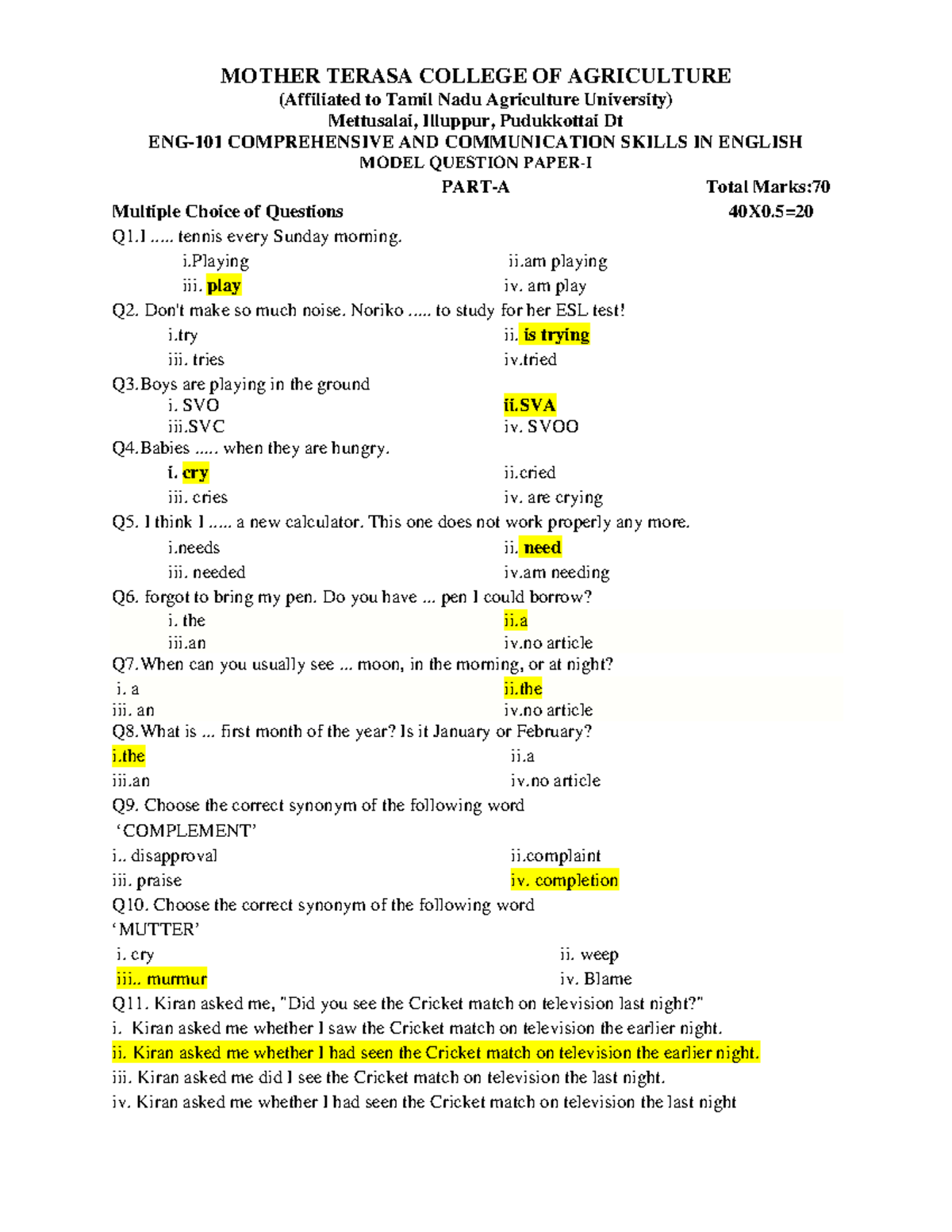 ENG-101 Model Question Paper Answer - MOTHER TERASA COLLEGE OF ...