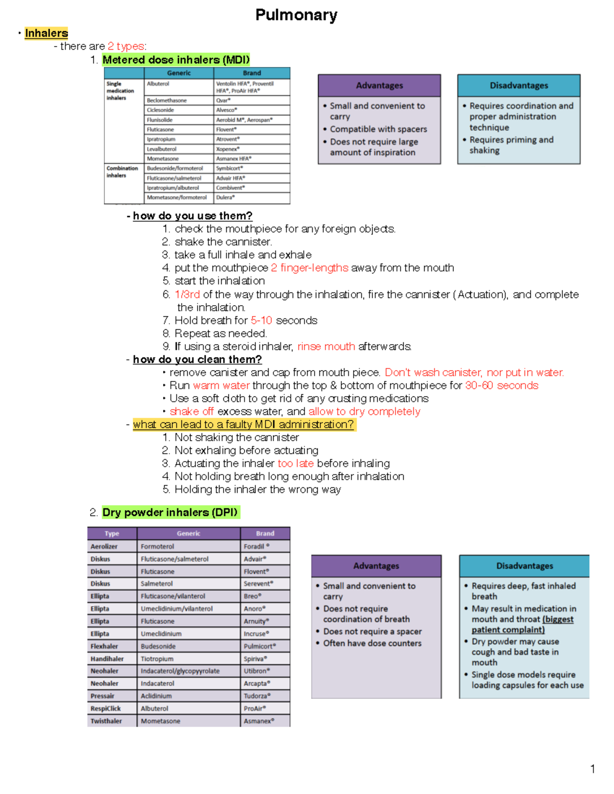 Review Sheet (Mine) - Inhalers there are 2 types: Metered dose inhalers ...