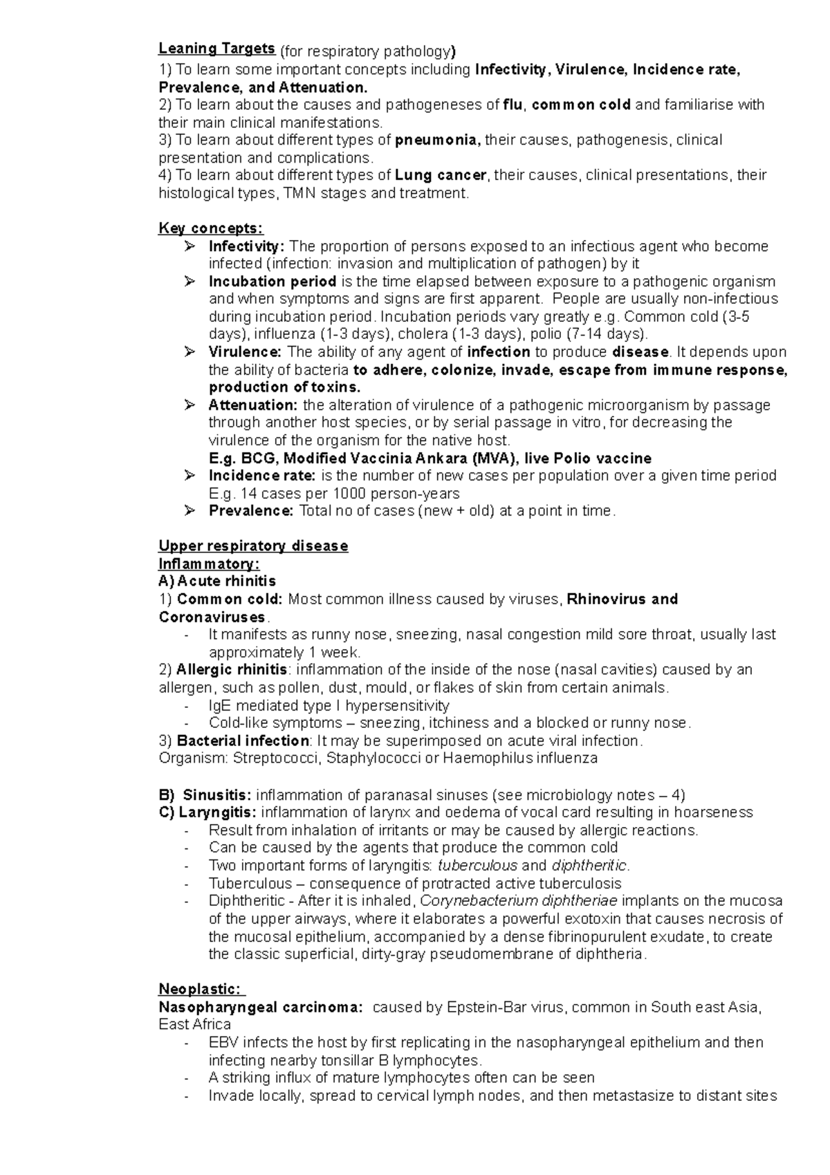 1 RS Pathology - Lecture notes 1 - Leaning Targets (for respiratory ...