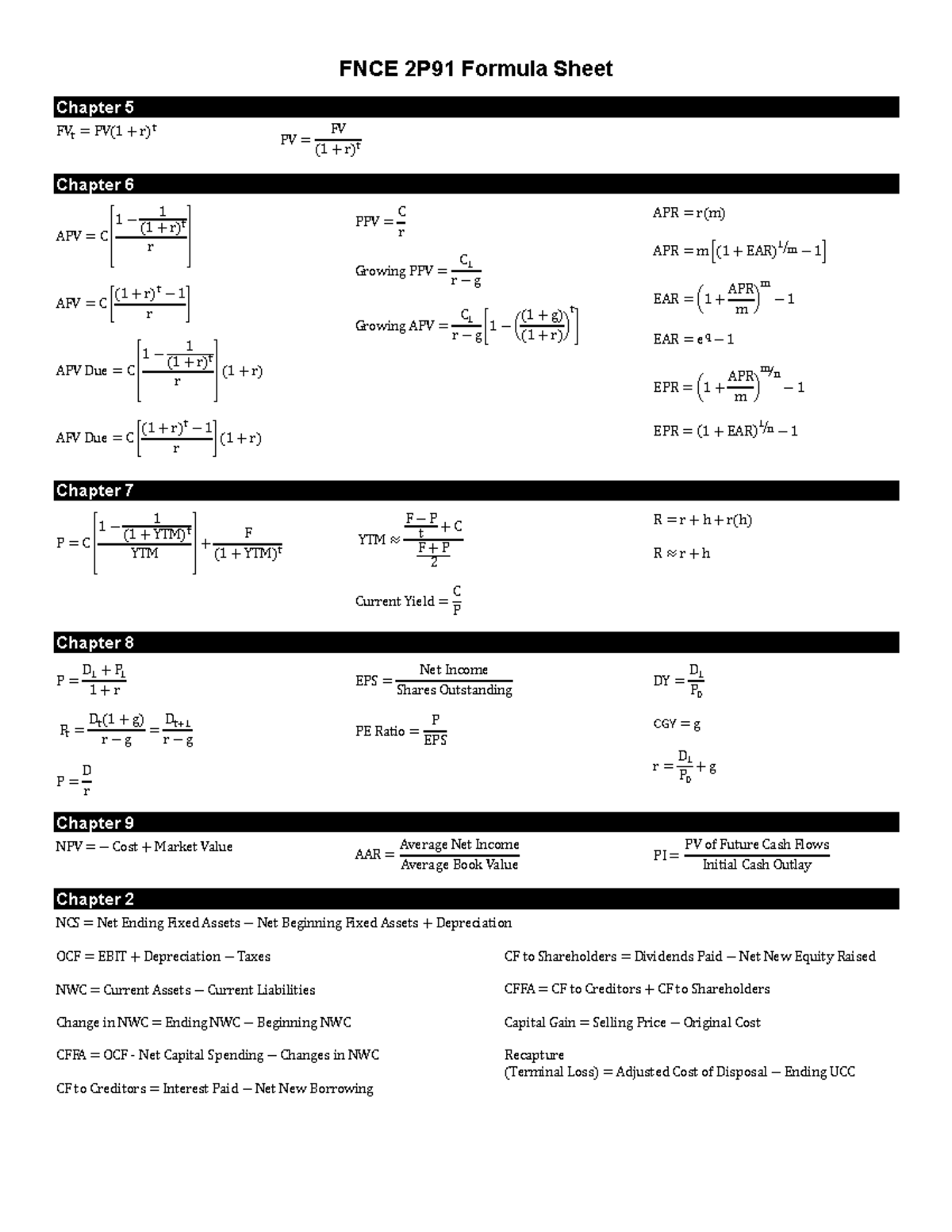 FNCE 2P91 Formula Sheet - FNCE 2P91 Formula Sheet Chapter 5 FVt = PV( 1 ...