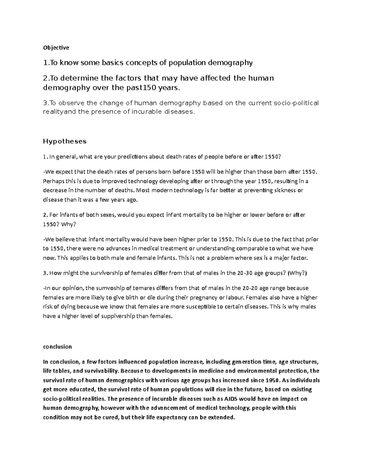 Bio 330 objective, hypotheses, conclusion - Objective 1 know some ...