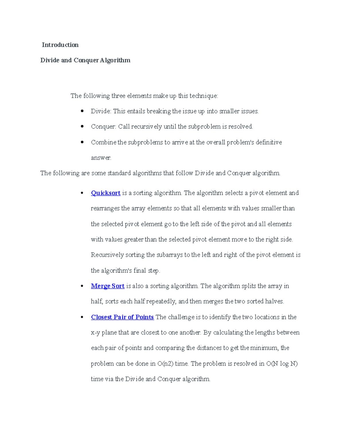 Algorithm Unit 3 Discussion Forum Draft Introduction Divide And Conquer Algorithm The
