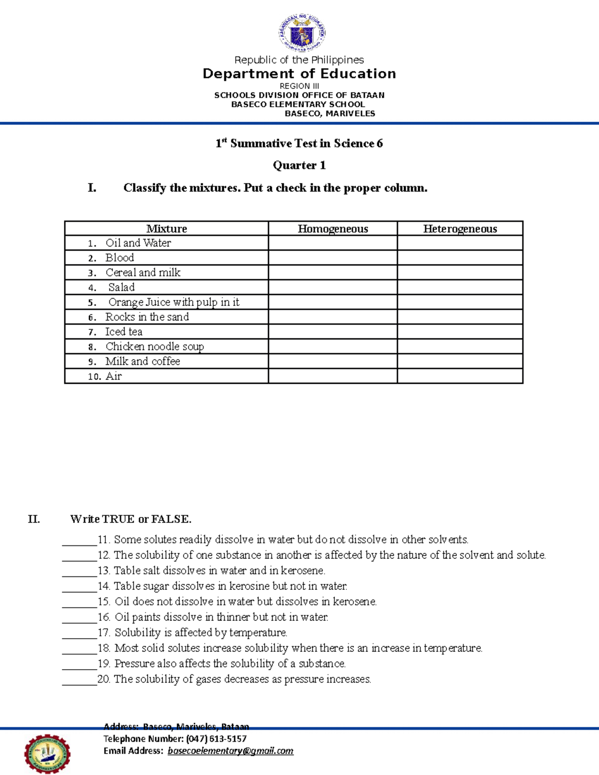 1st Summative Test in Science 6 - Classify the mixtures. Put a check in ...