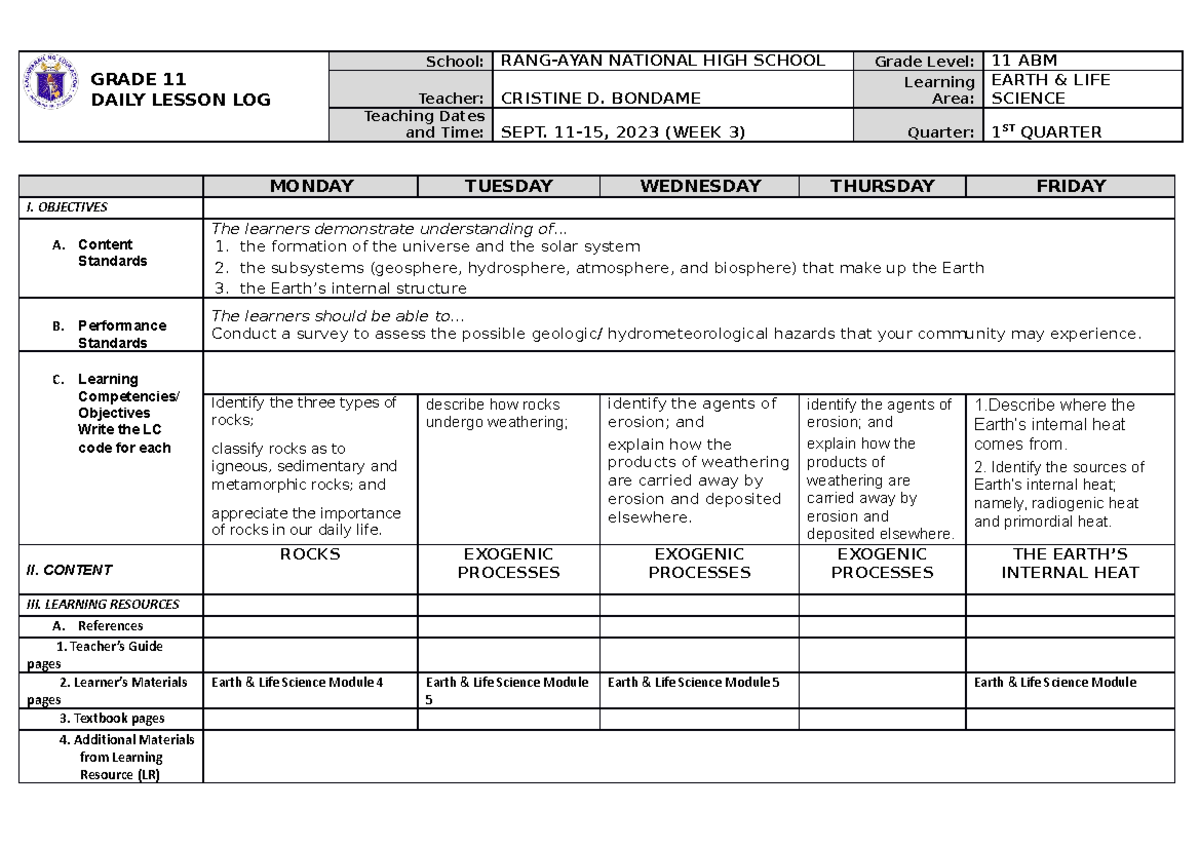 DLL ELS Week3 Q1 - Daily Lesson - GRADE 11 DAILY LESSON LOG School ...