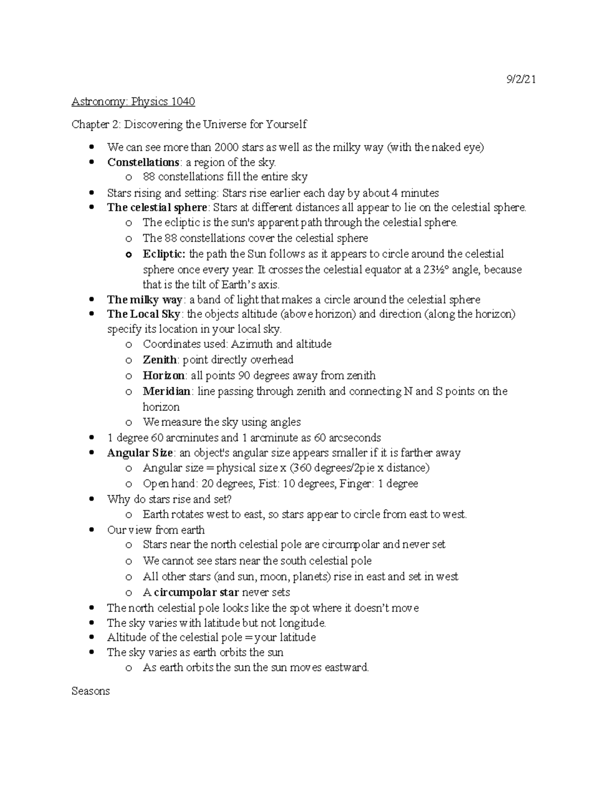 Astronomy Chapter 2 - 9/2/ Astronomy: Physics 1040 Chapter 2 ...