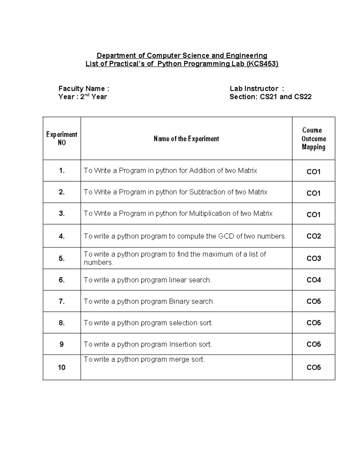 Python Lab KCS 453 List of practicals - Department of Computer Science and Engineering List of ...